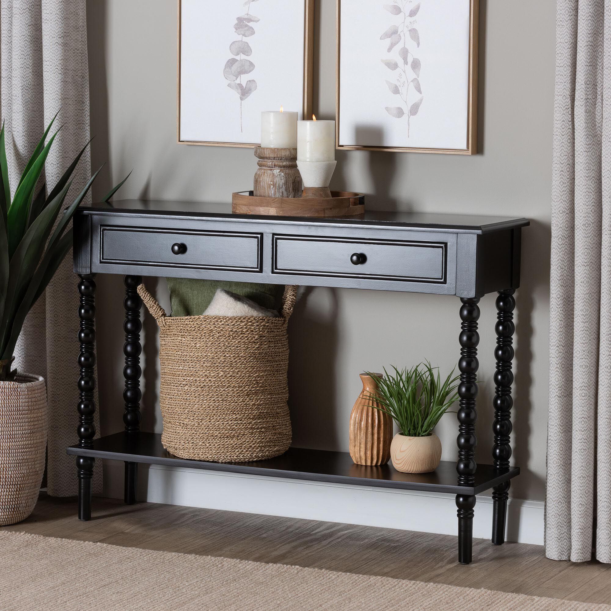 Malinda Classic Black Wood 2-Drawer Console Table with Spindle Legs ...