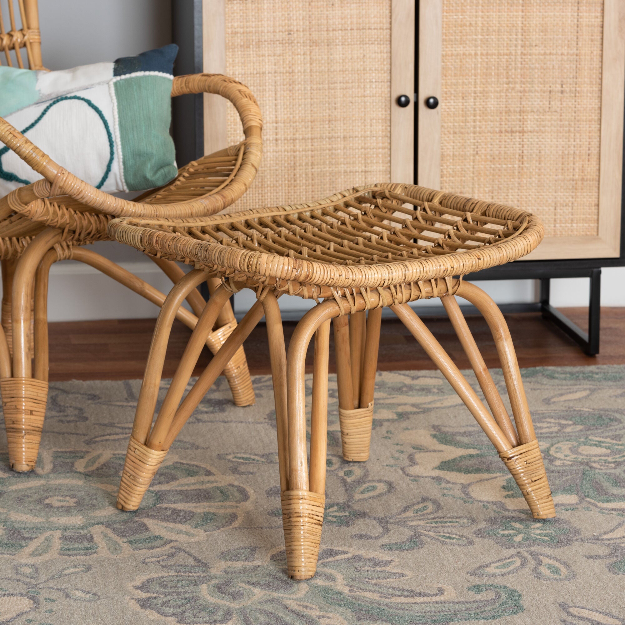 Earvin Rattan Footstool - Modern Boho Design, Natural Brown | Catherines