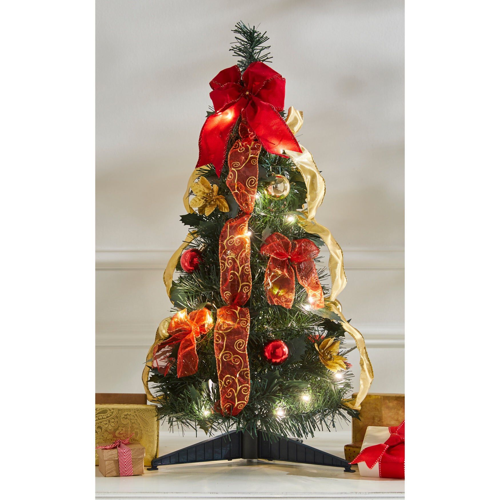 Pre-Lit Tabletop Pop-Up Christmas Tree, 2' Decor, Red Gold | Catherines