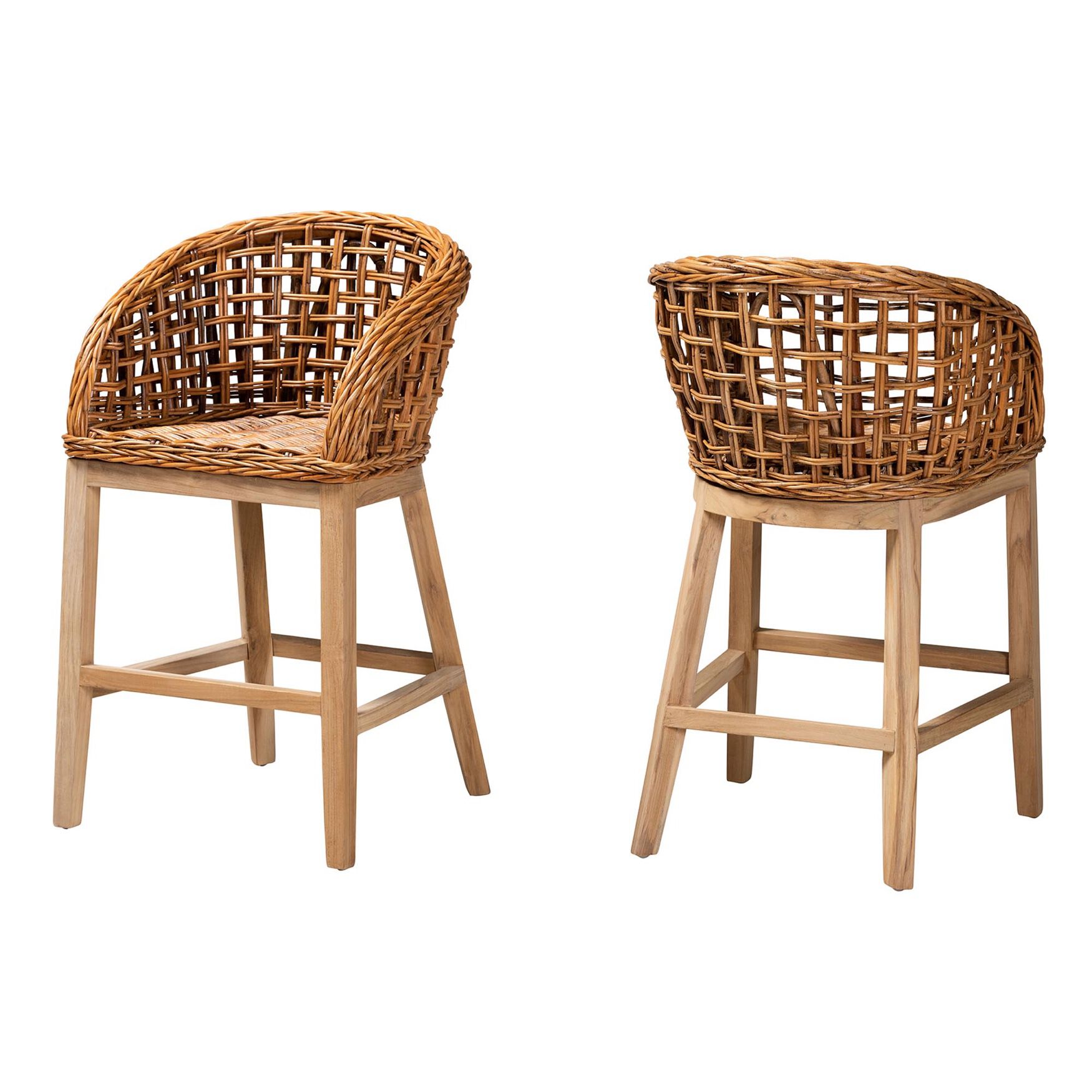 Mario Modern Bohemian Natural Brown Finished Teak Wood And Rattan 2 ...