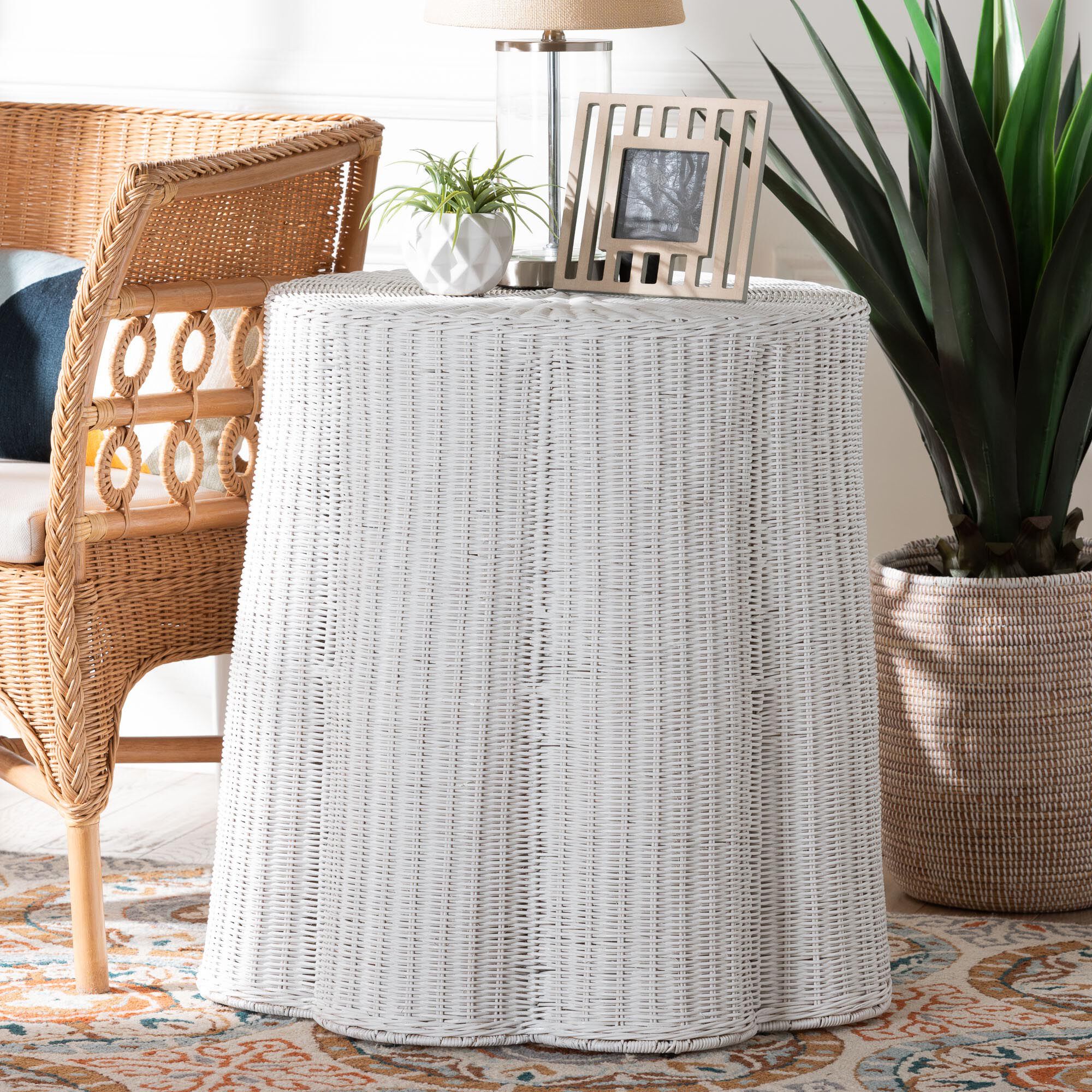 Palm Bohemian White Scallop Rattan Console Table | Catherines