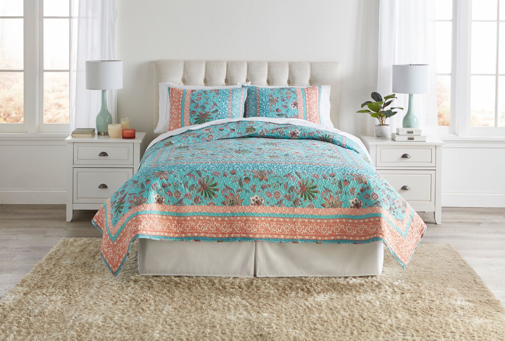 Jacobean Quilt Set 3-PC. with Floral Prints, Turquoise | Catherines
