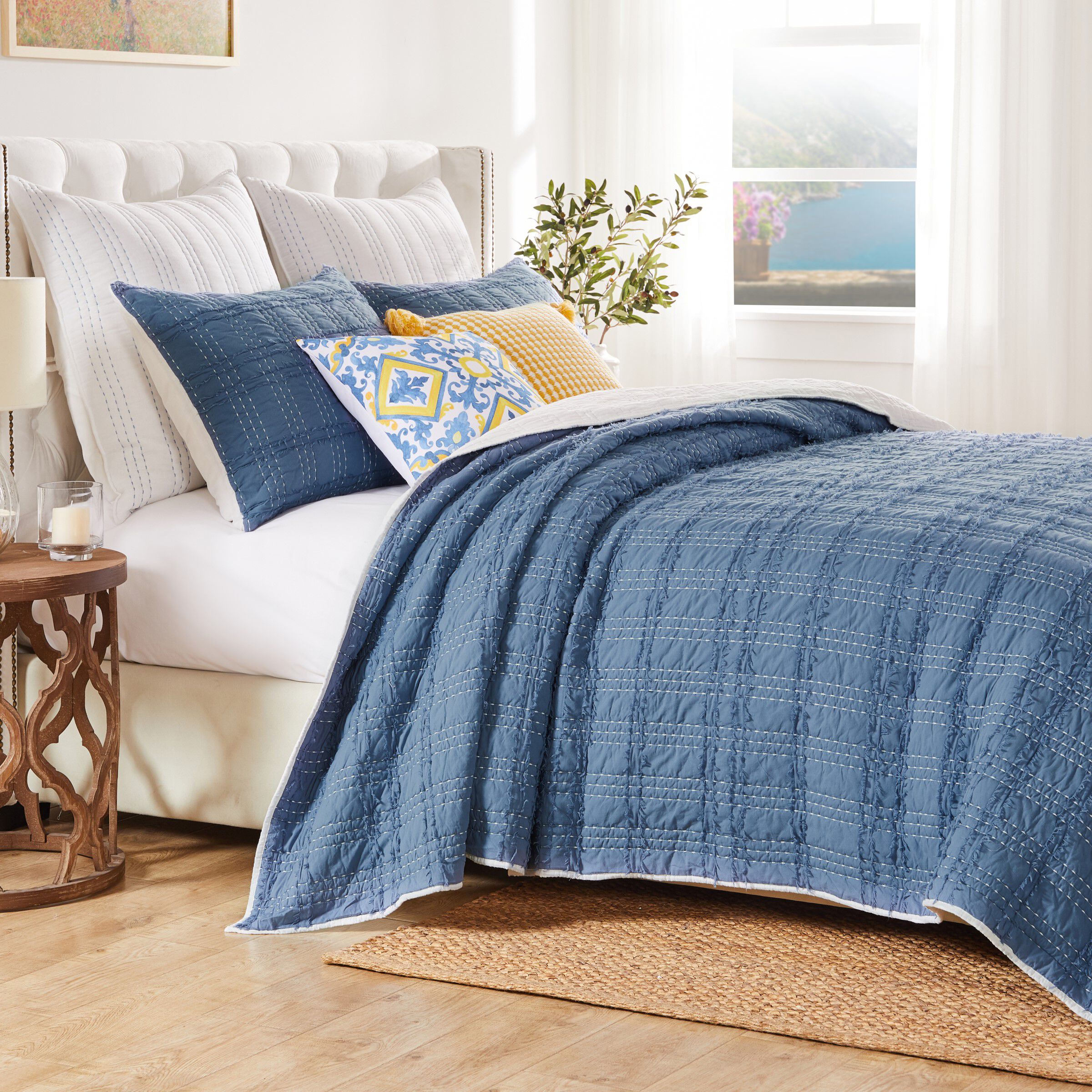Portofino Finely Stitched Ruffled Quilt Set, Blue, 3-Piece King ...