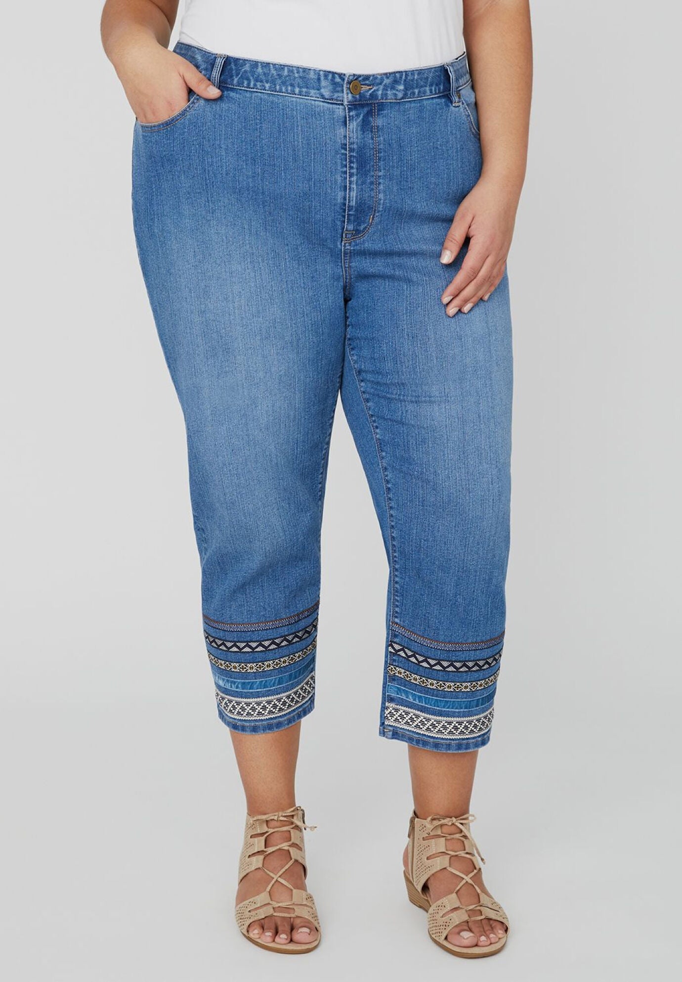 Ribbon Embellished Denim Capri | Catherines