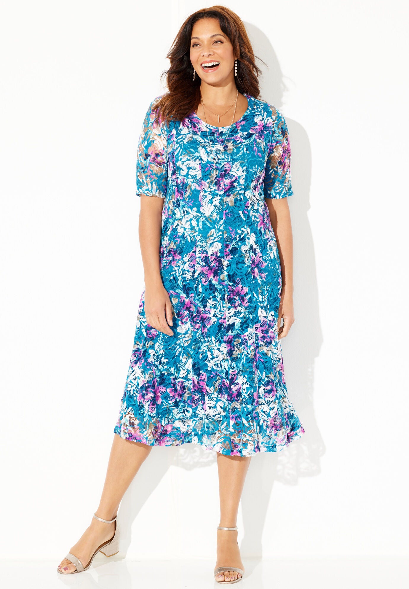 Stretch Lace Fit & Flare Dress - Midi Length, Deep Teal Watercolor ...