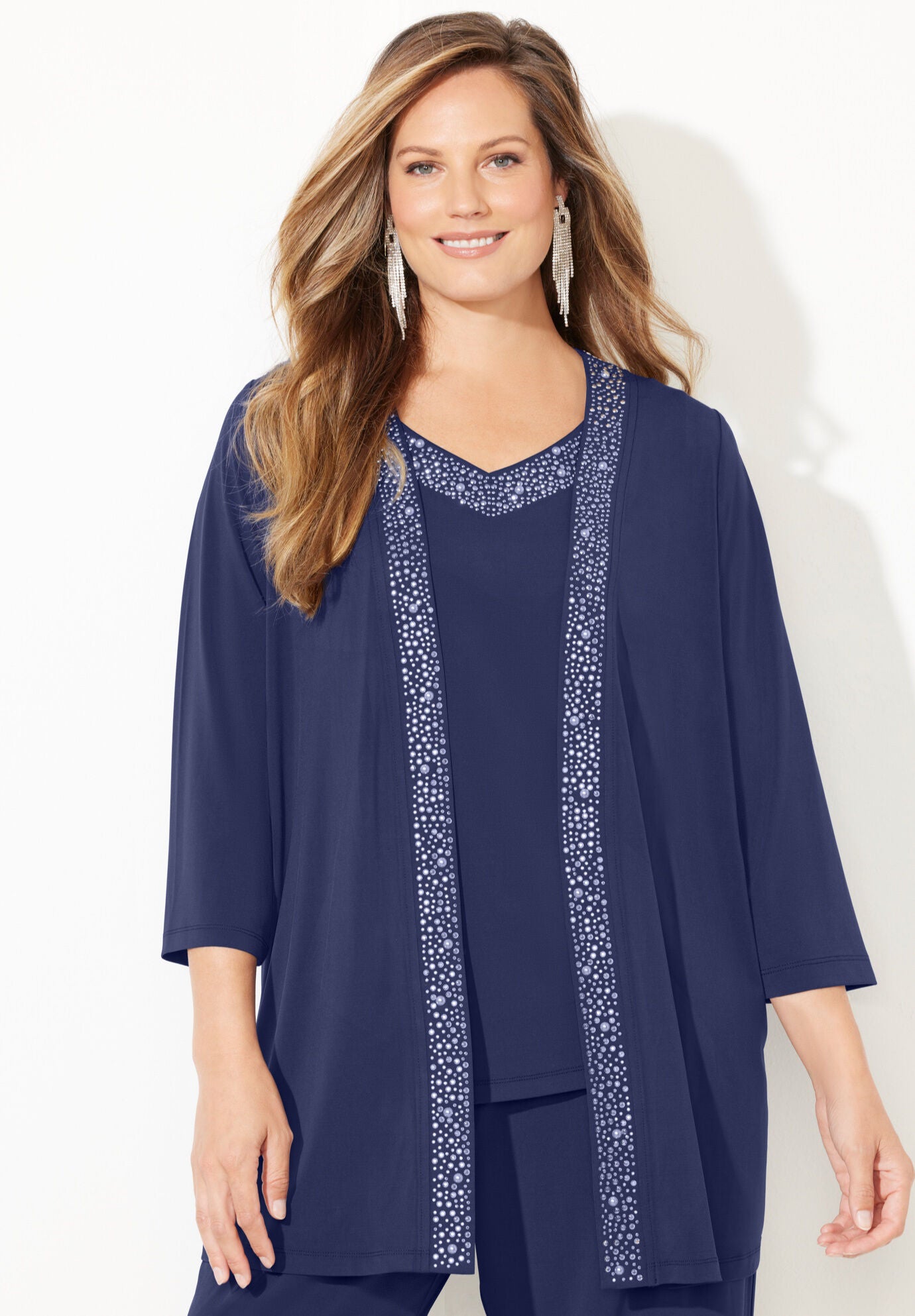 Beaded 3-Piece Cardigan Pant set - Evening Wear, Mariner Navy | Catherines