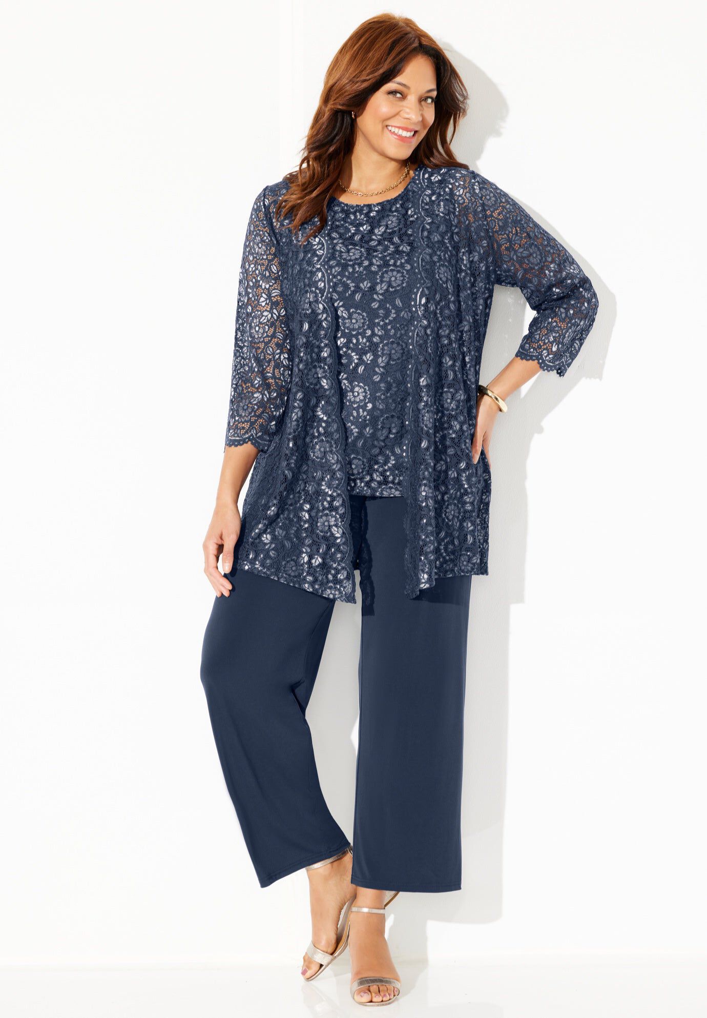 Luna Lace Pant Set - Metallic Elegance, Black Gold | Catherines