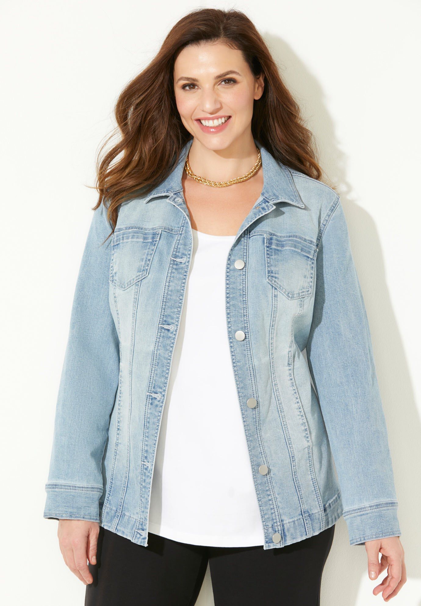 Classic Jean Jacket with Stretch Denim, Savanna Wash | Catherines