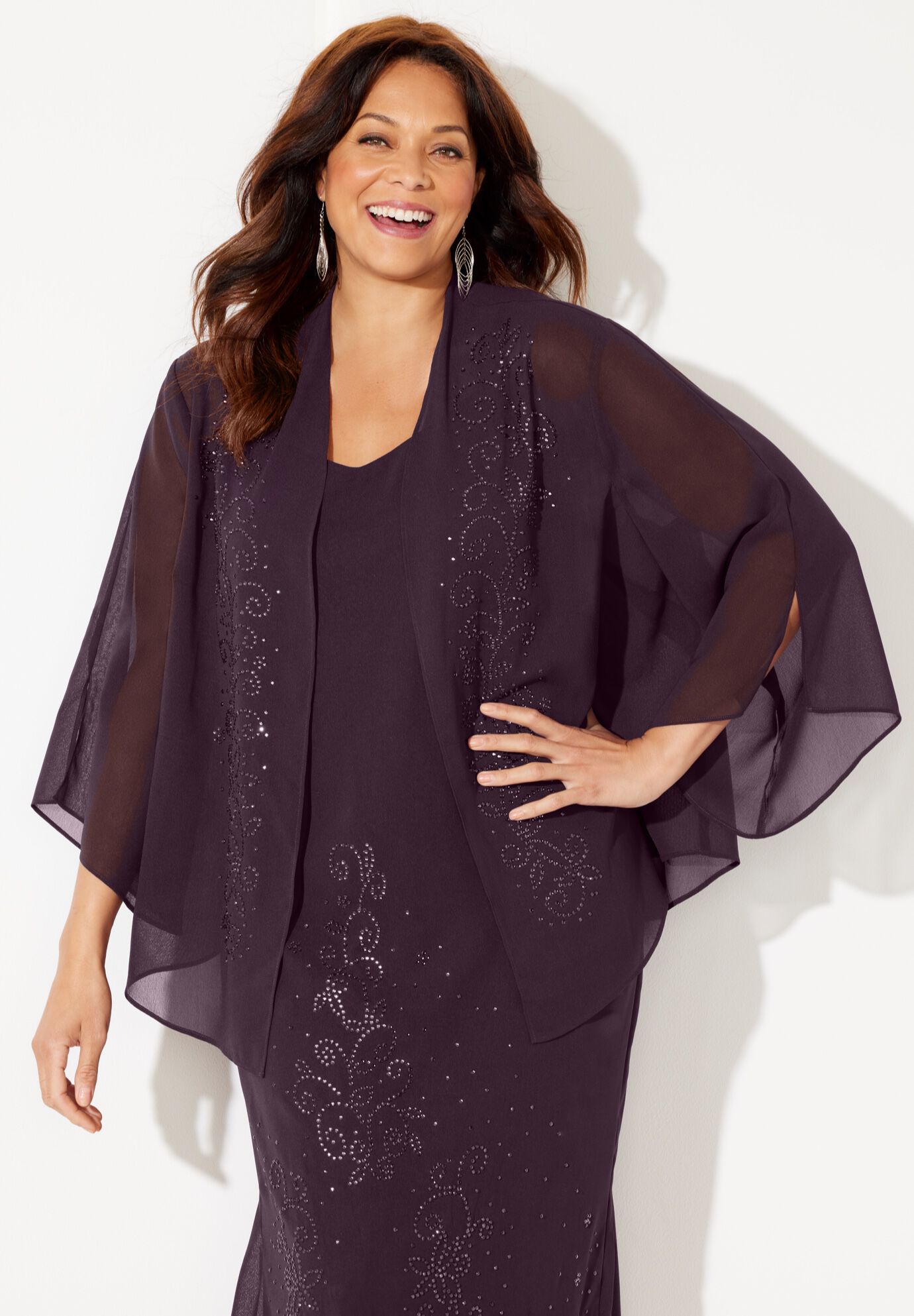 Beaded Masquerade Dress Set with Sheer Jacket, Black | Catherines