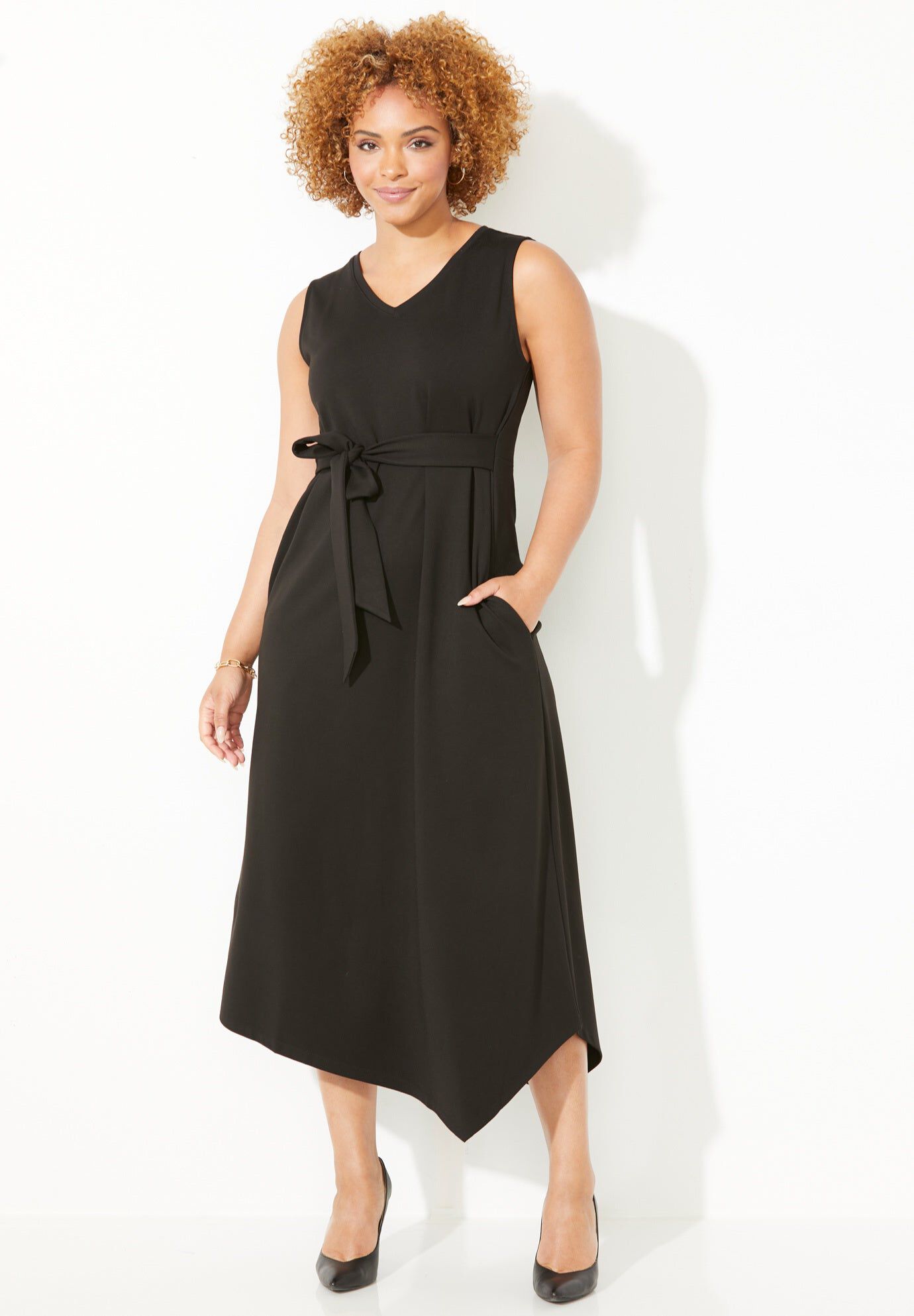 Sleeveless Ponte Knit Dress with Belt, Soft Camel Animal | Catherines