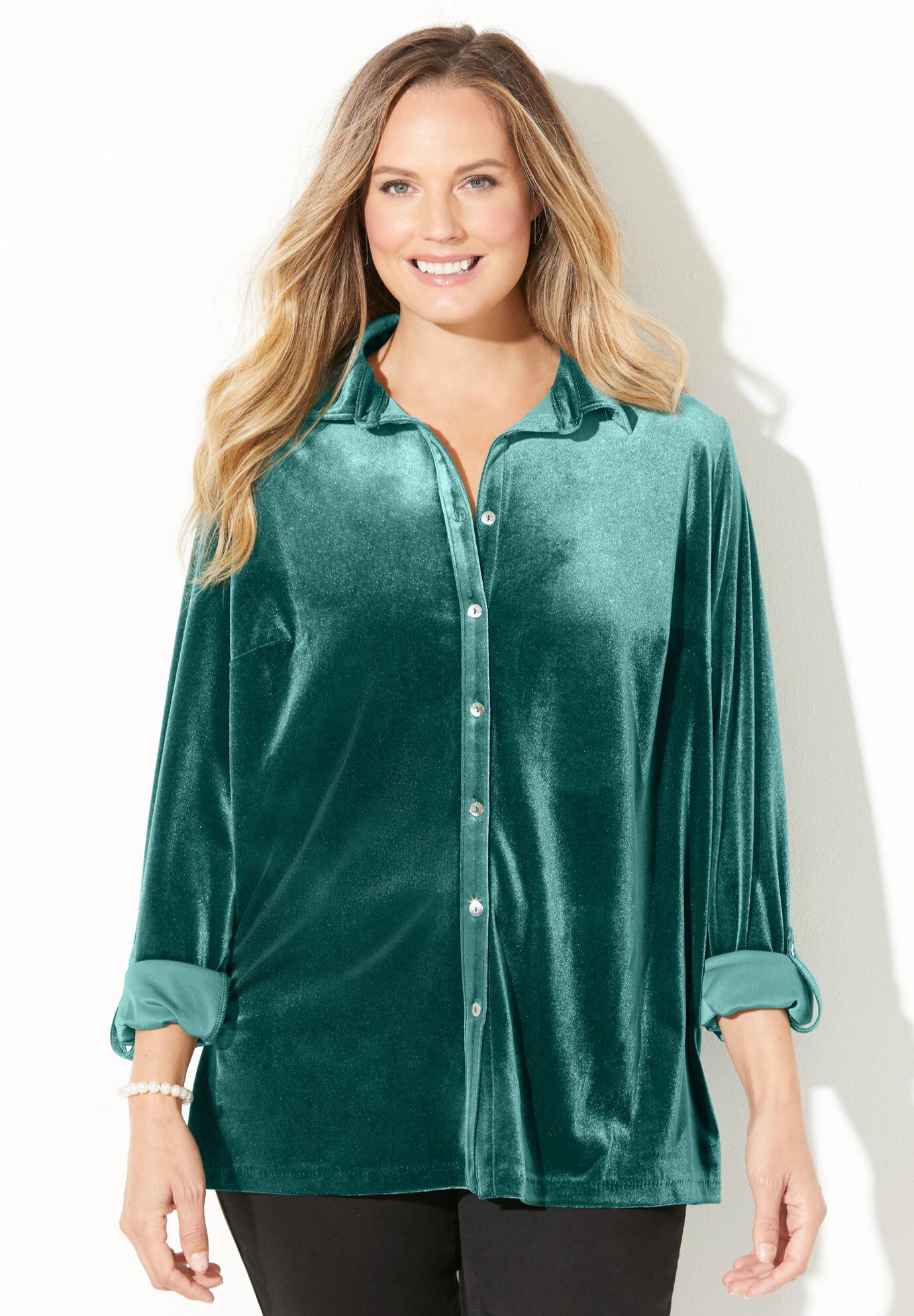 Velvet Buttonfront Shirt - AnyWear Style, Emerald Green | Catherines