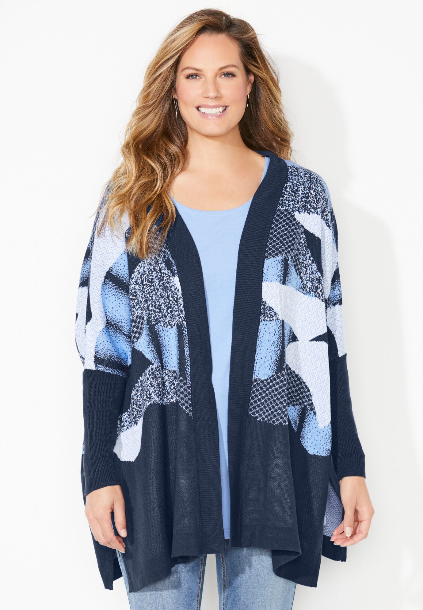 Warm Jacquard Cardigan Open Front Sweater, 4458505 | Catherines