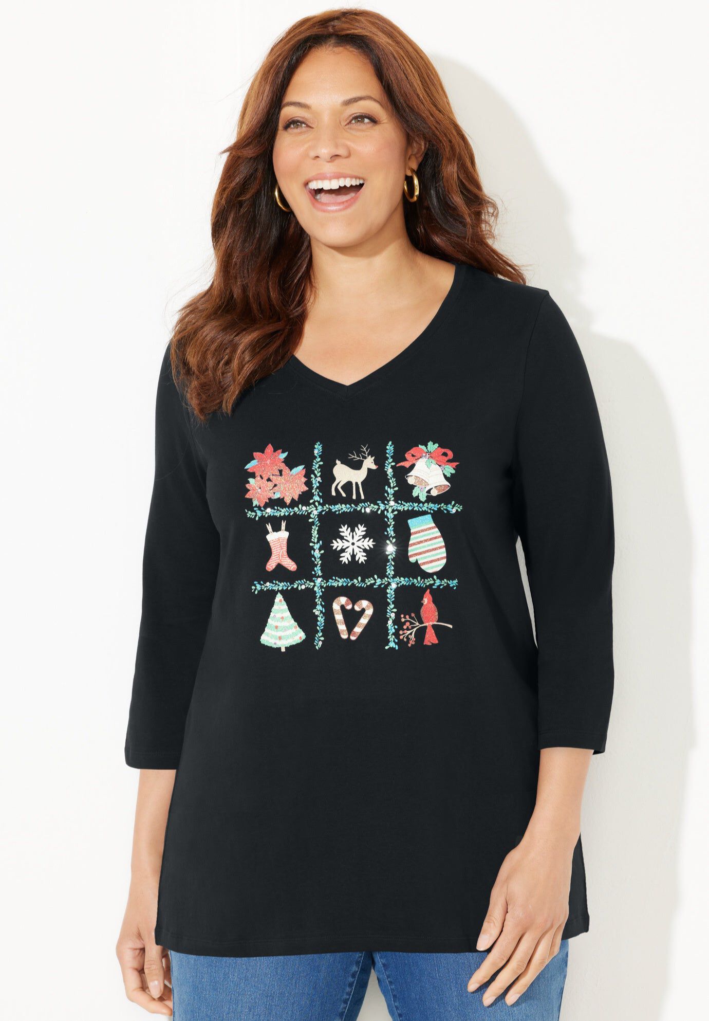 Wit & Whimsy Tees - Relaxed V-Neck 3/4 Sleeve, Black Holiday Motifs ...