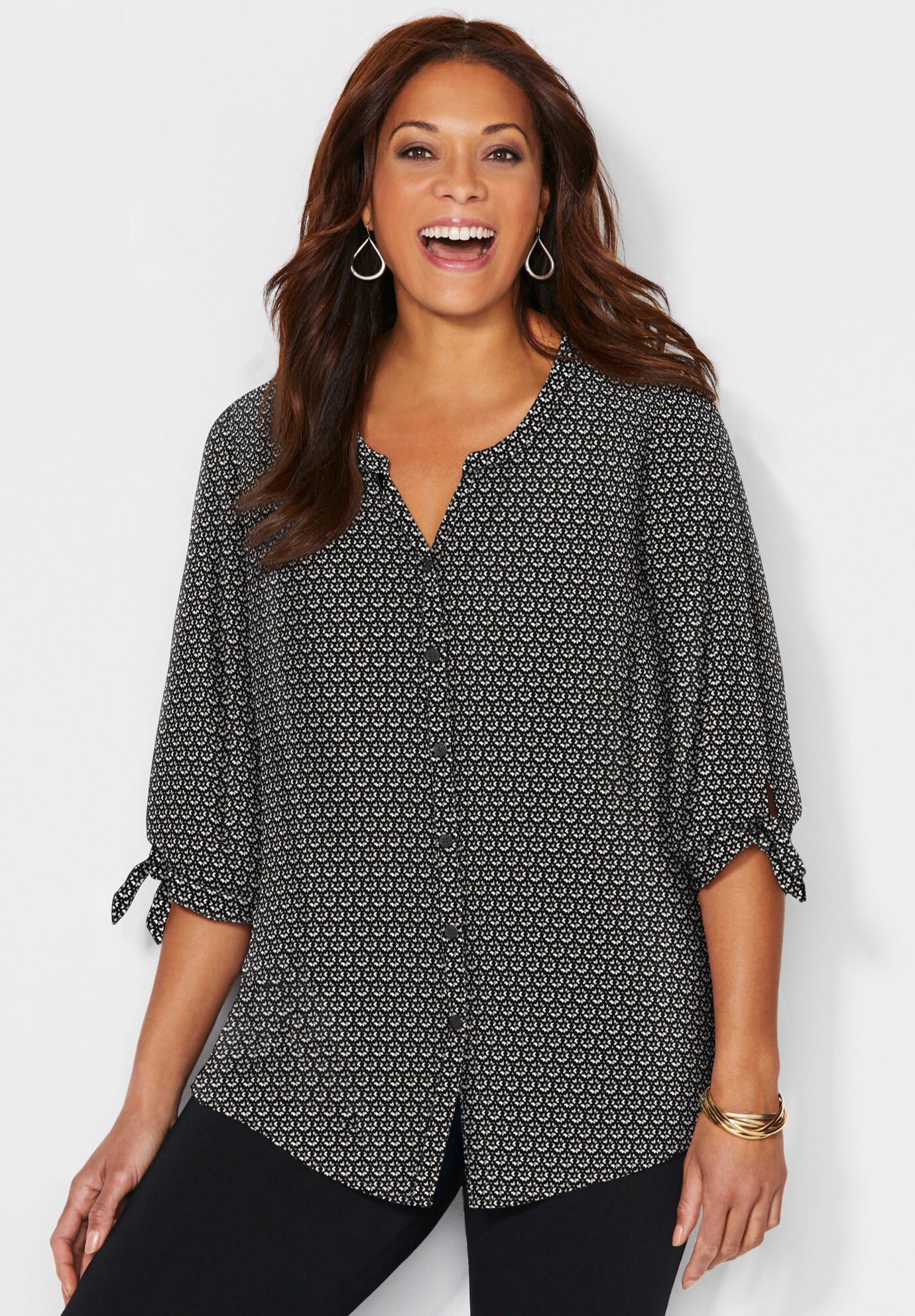 Georgette Buttonfront Blouse with Tie Sleeve, Black Multi Ditsy Floral ...