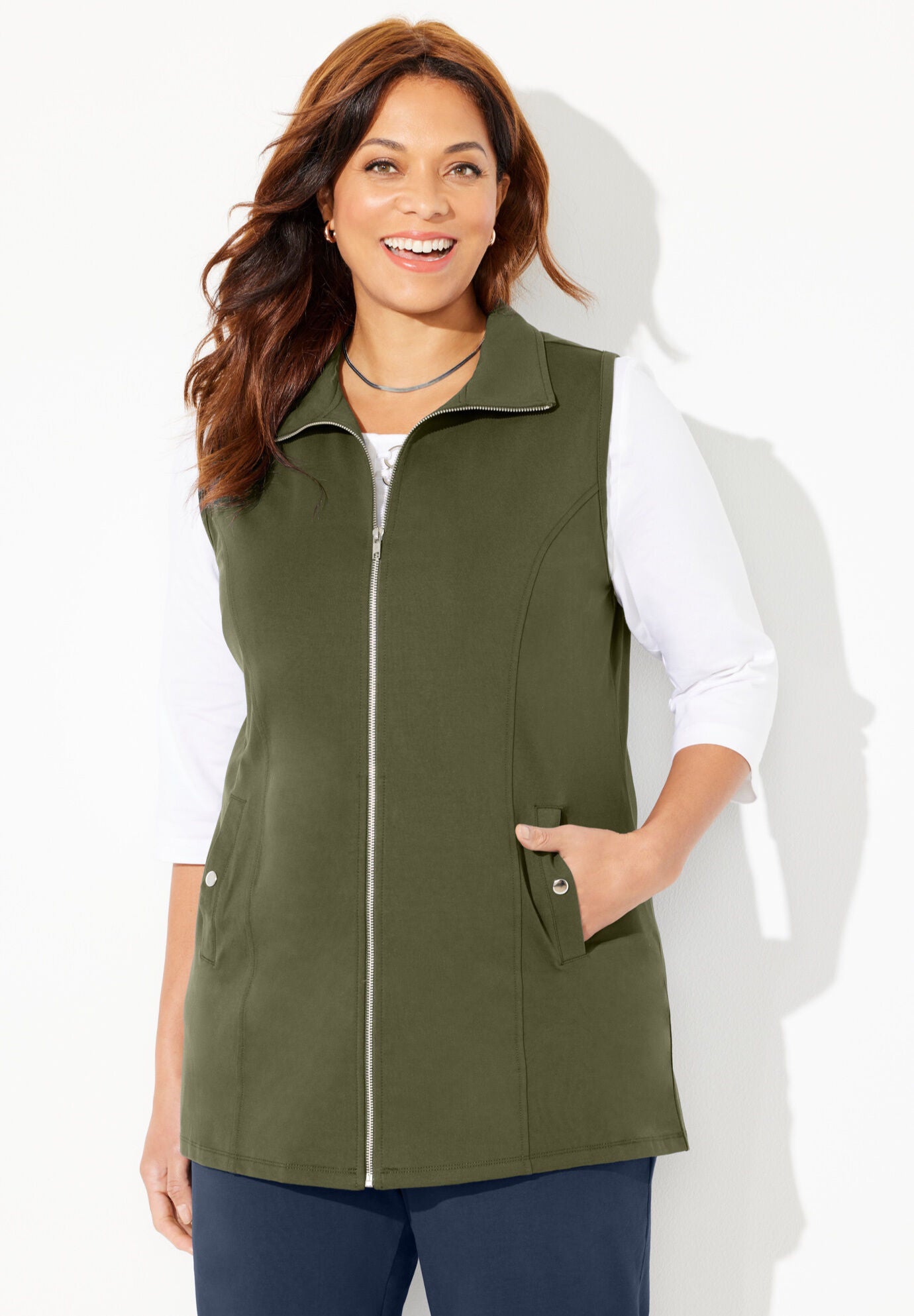Zip Front Vest with Princess Seams, Black | Catherines