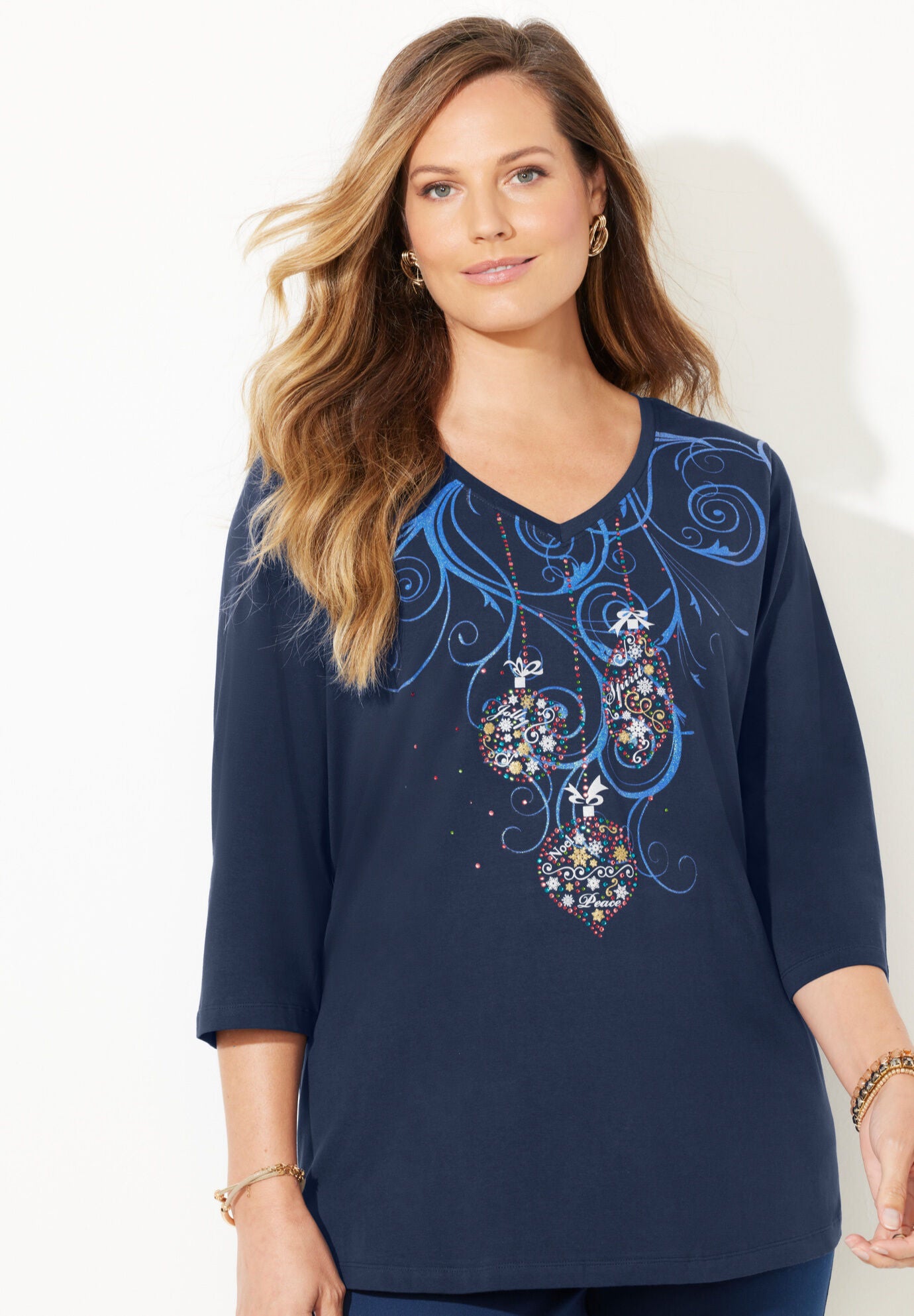 Wit & Whimsy Tees - Relaxed V-Neck 3/4 Sleeve, Classic Red Snowman ...