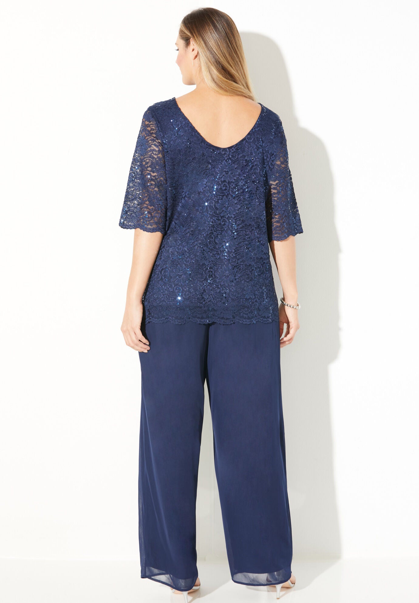 Elegant Sparkle & Lace Pant Set, Sequined Lace, Mariner Navy | Catherines