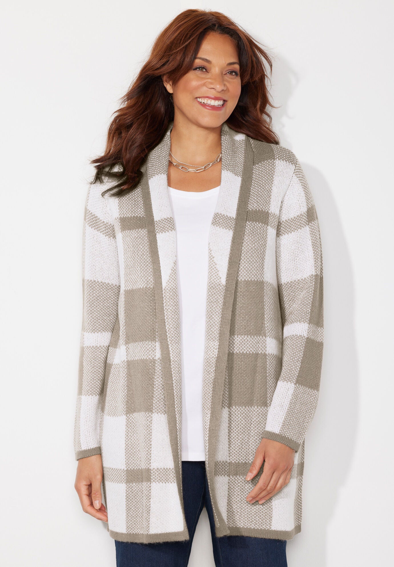 Warm Shawl Collar Country Village Cardigan, Chai Latte Buffalo Plaid ...