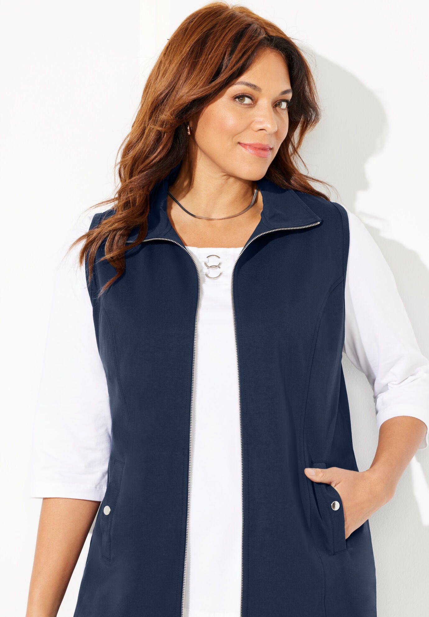 Zip Front Vest with Princess Seams, Black | Catherines