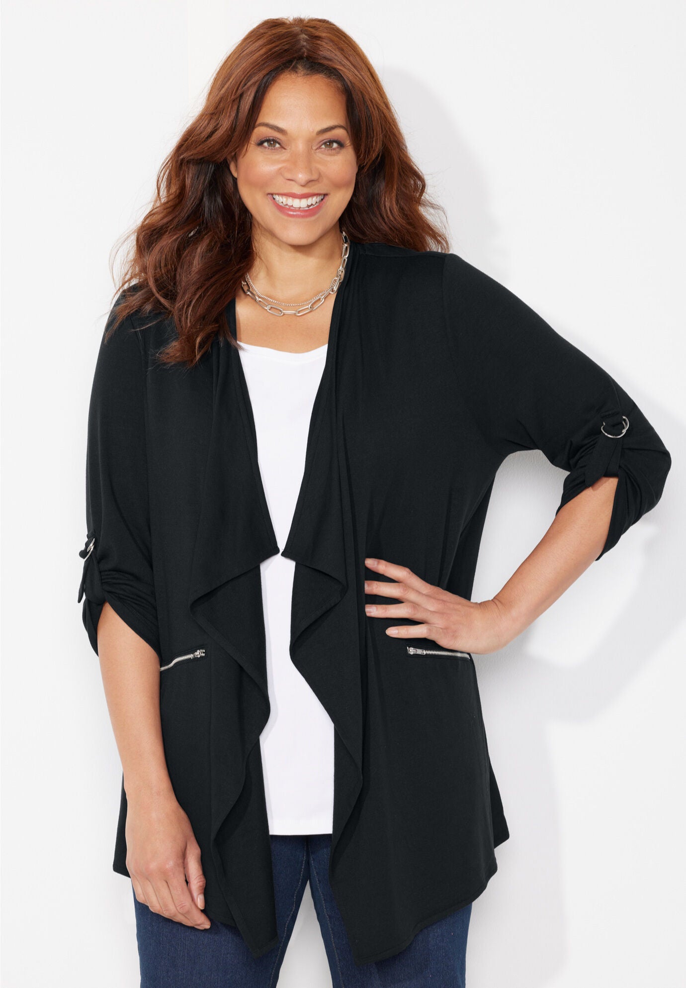 Cloud Knit Drape Front Cardigan - French Terry, Black | Catherines