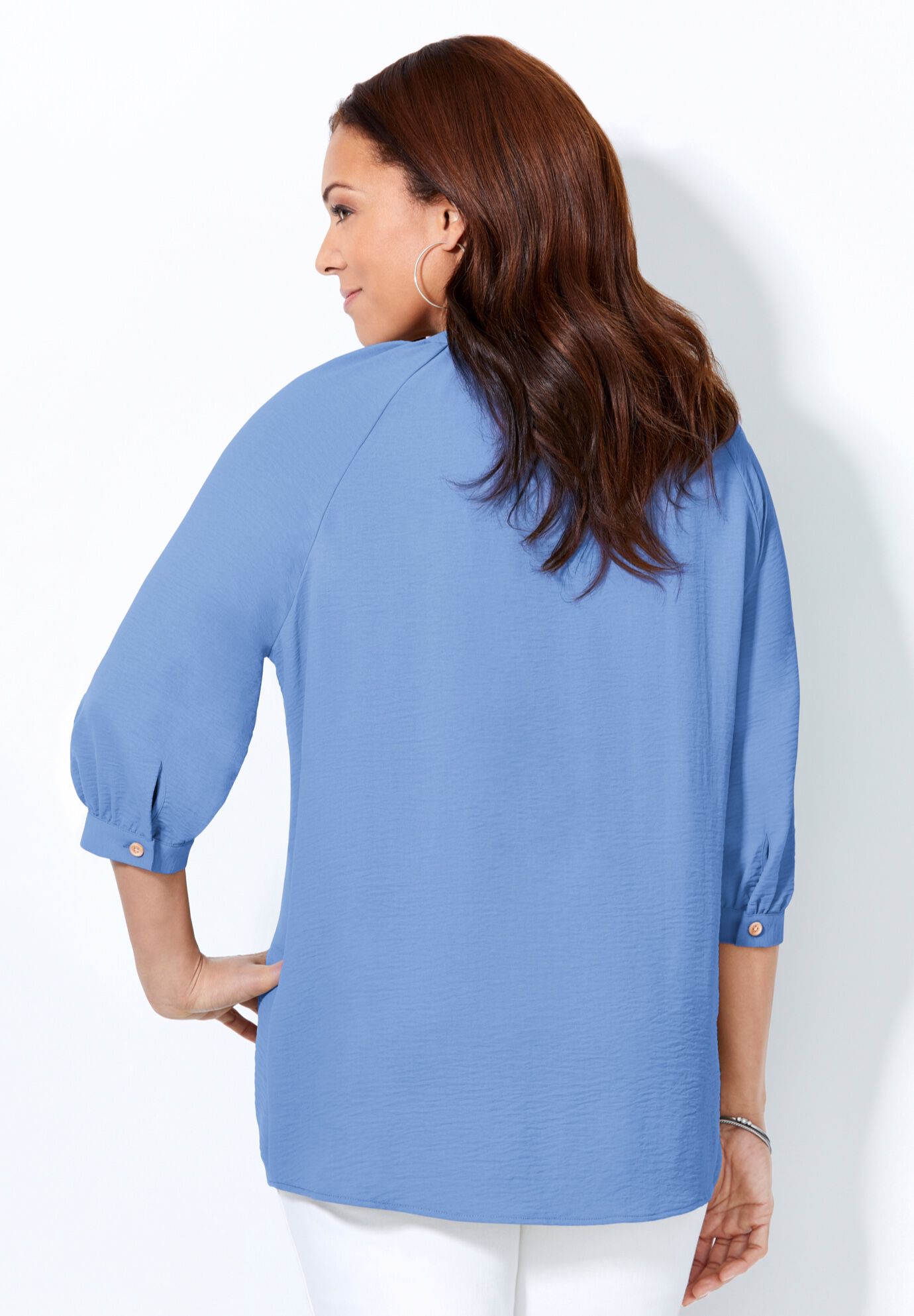 Light and Airy Y-Neck Blouse - Relaxed Fit, French Blue | Catherines
