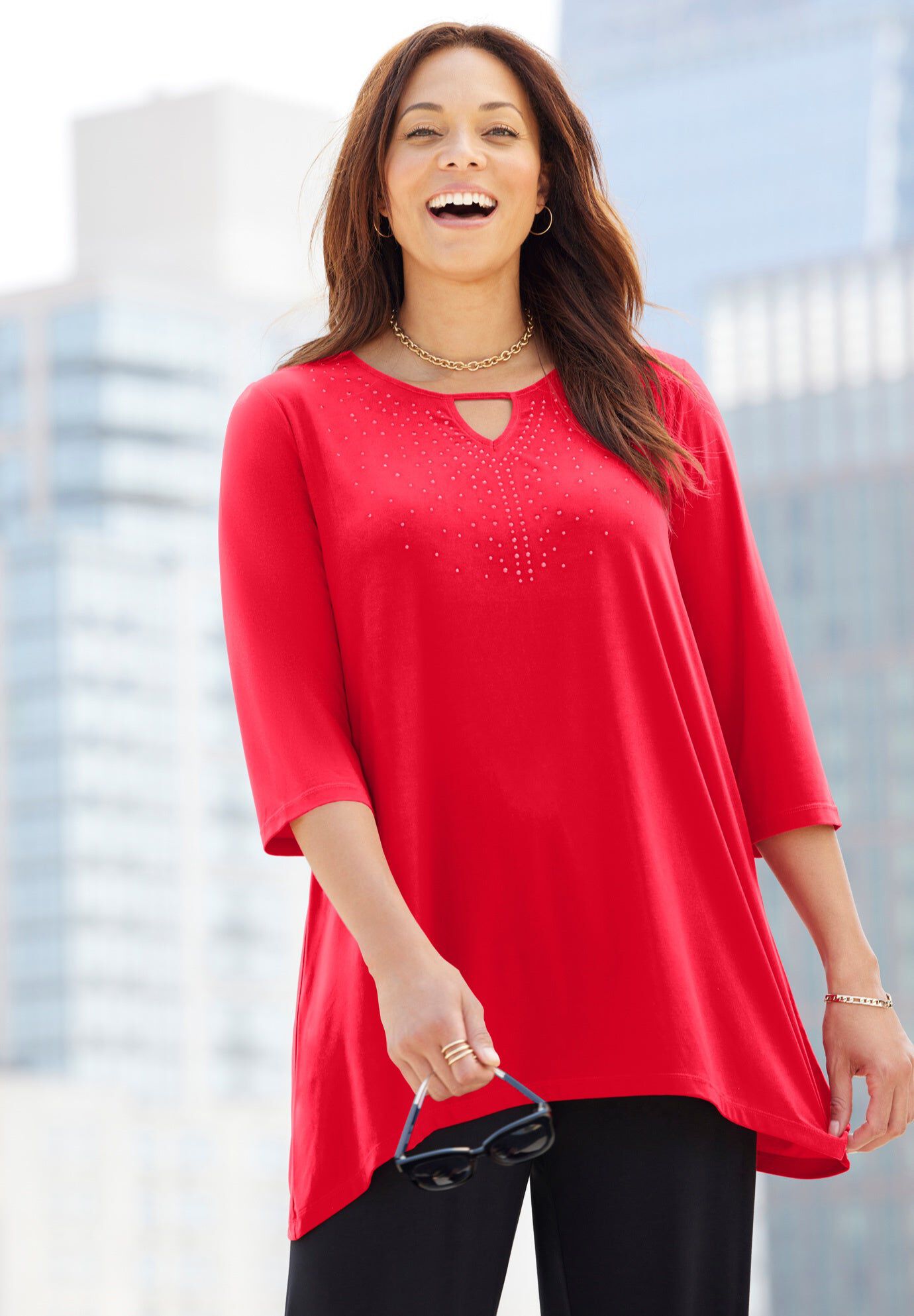 Keyhole Tunic with Glitter Neckline - AnyWear, Classic Red | Catherines