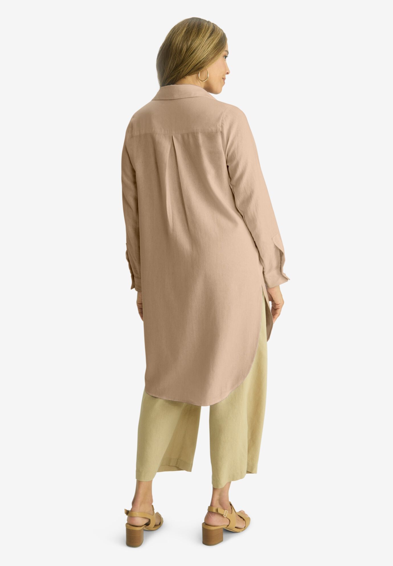 Linen Mega Tunic with Roll-Tab Sleeves, New Khaki | Catherines