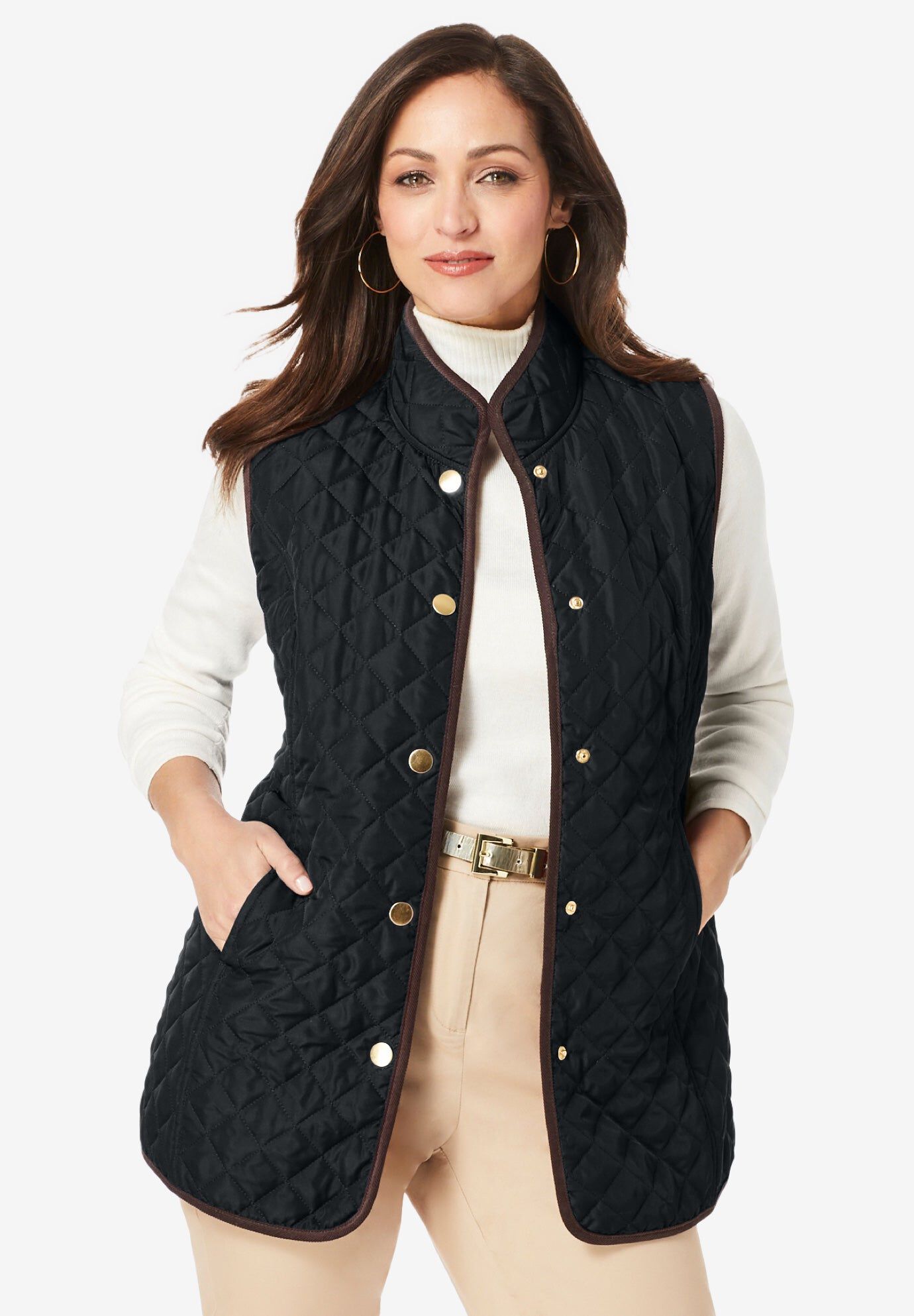 Quilted Vest with Corduroy Tipping Detail, Chocolate | Catherines