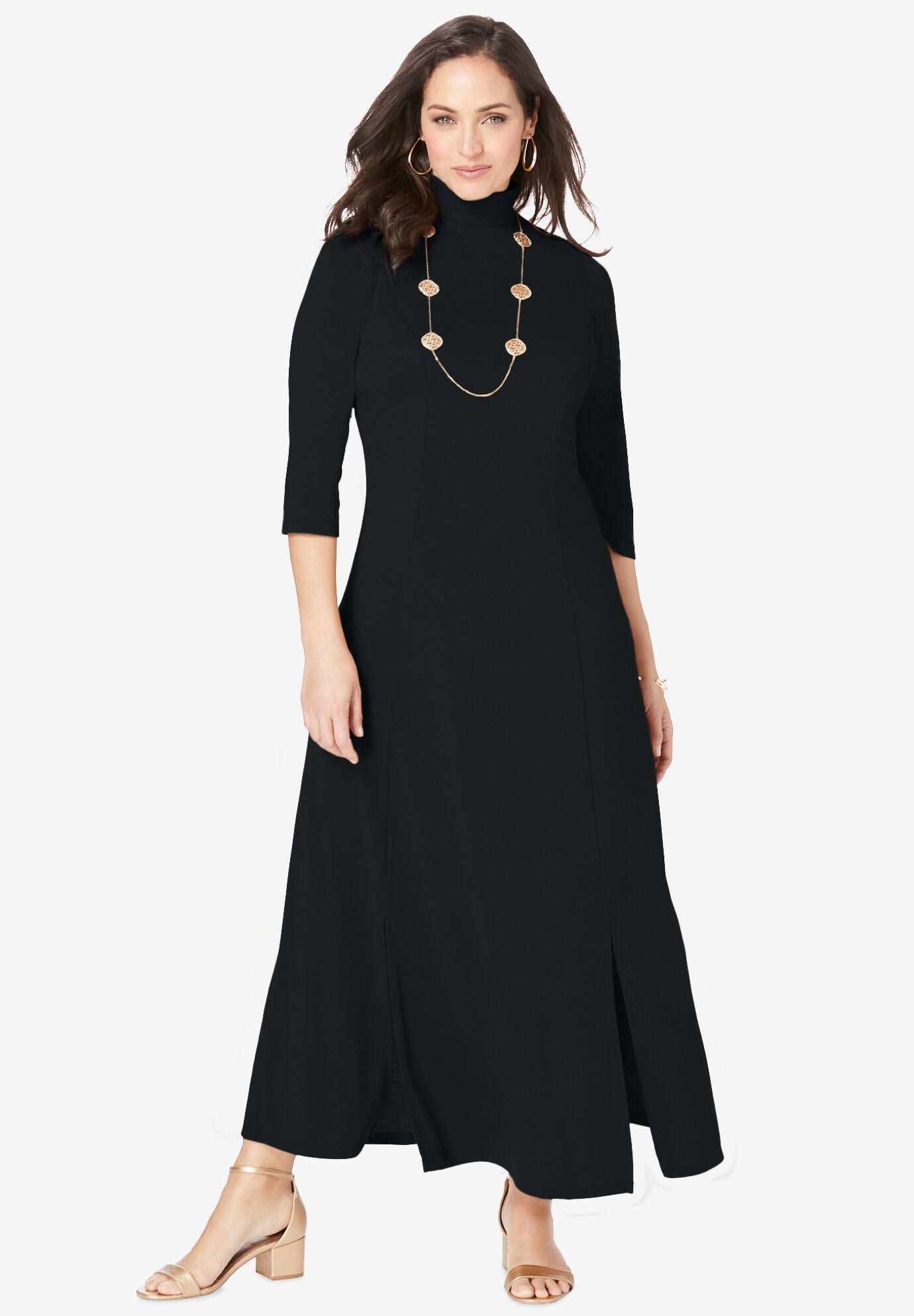Mockneck Slit Maxi Dress for Curvy Sizes, Black | Catherines