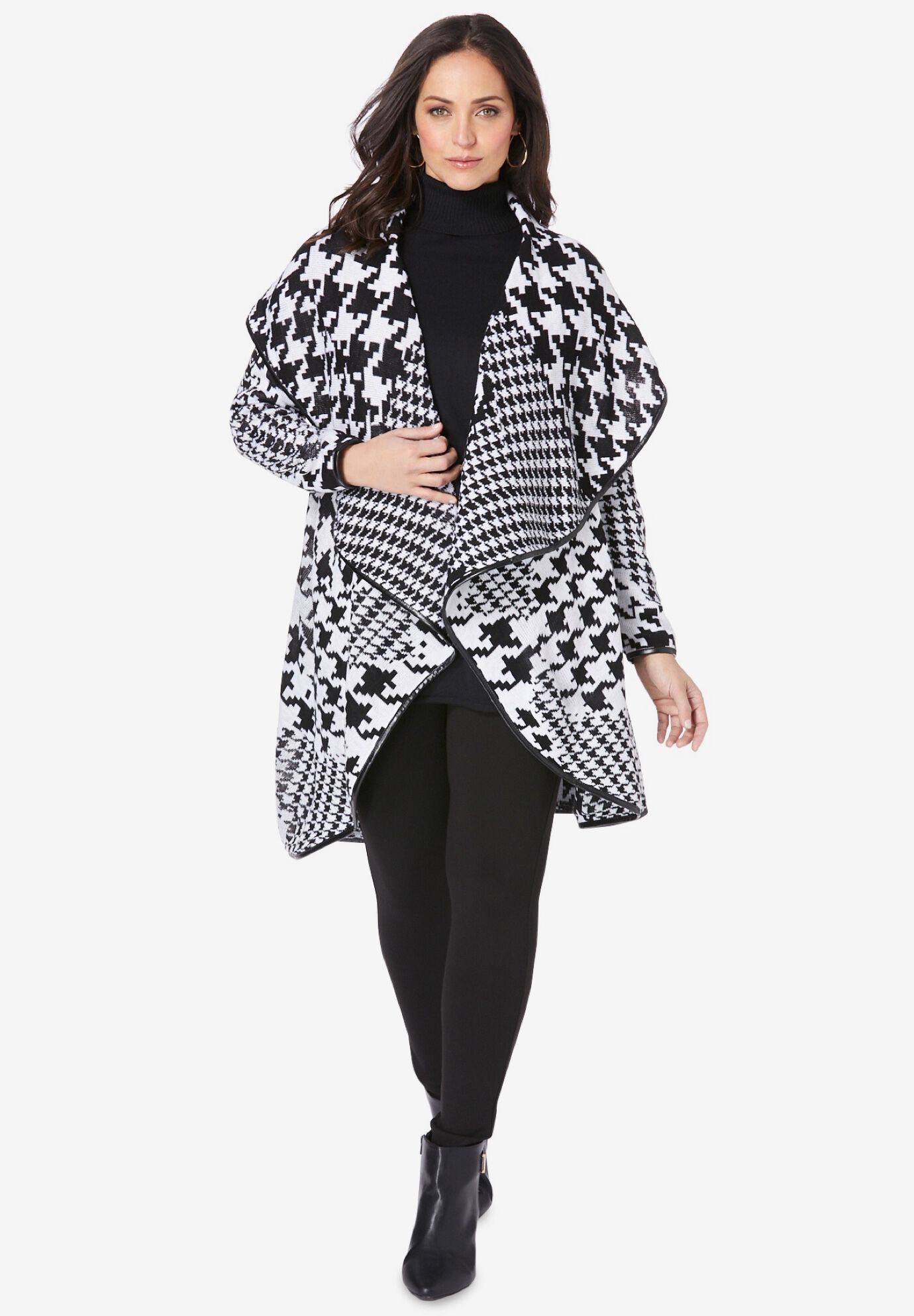 Faux Leather-Trim Open-Front Sweater, Black Houndstooth Patchwork ...