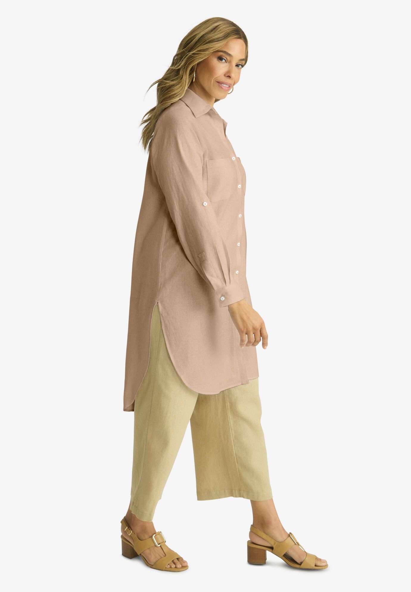 Linen Mega Tunic with Roll-Tab Sleeves, New Khaki | Catherines