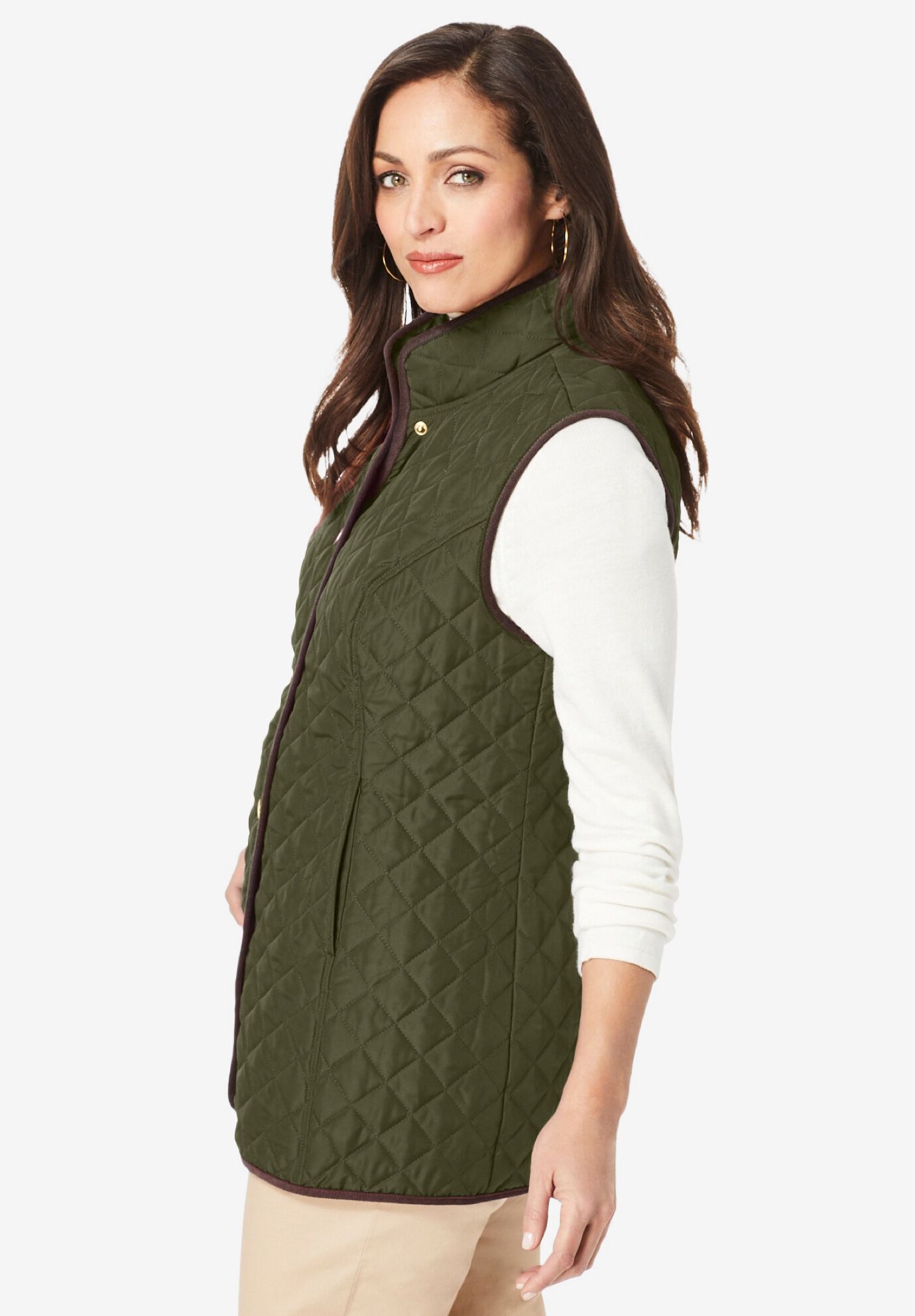 Quilted Vest with Corduroy Tipping Detail, Oatmeal | Catherines