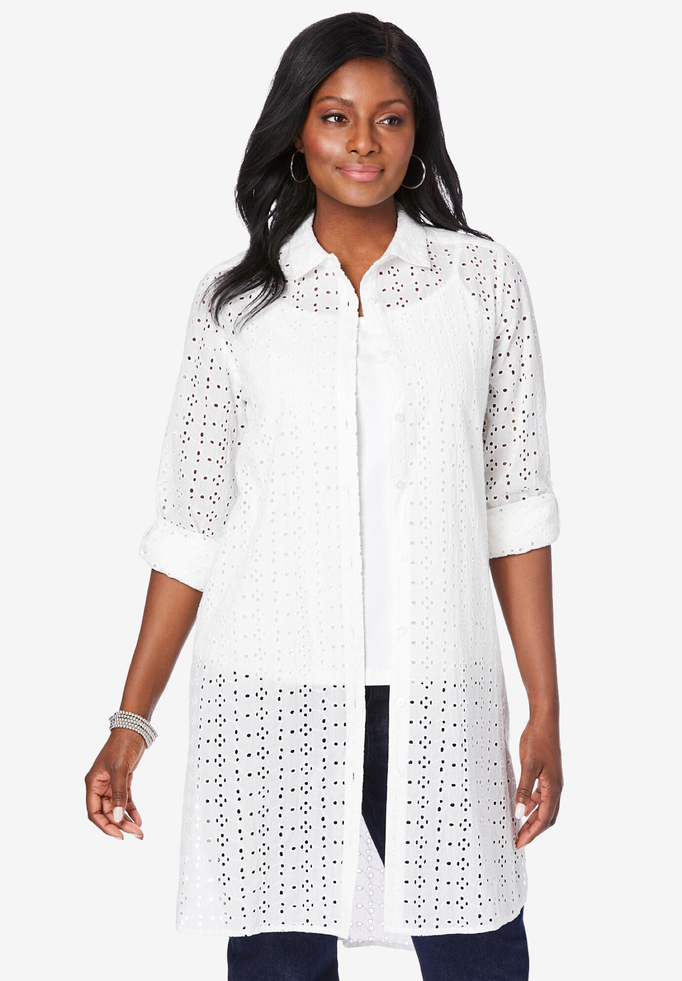 Eyelet Mega Tunic - Warm Weather Must-Have, White | Catherines