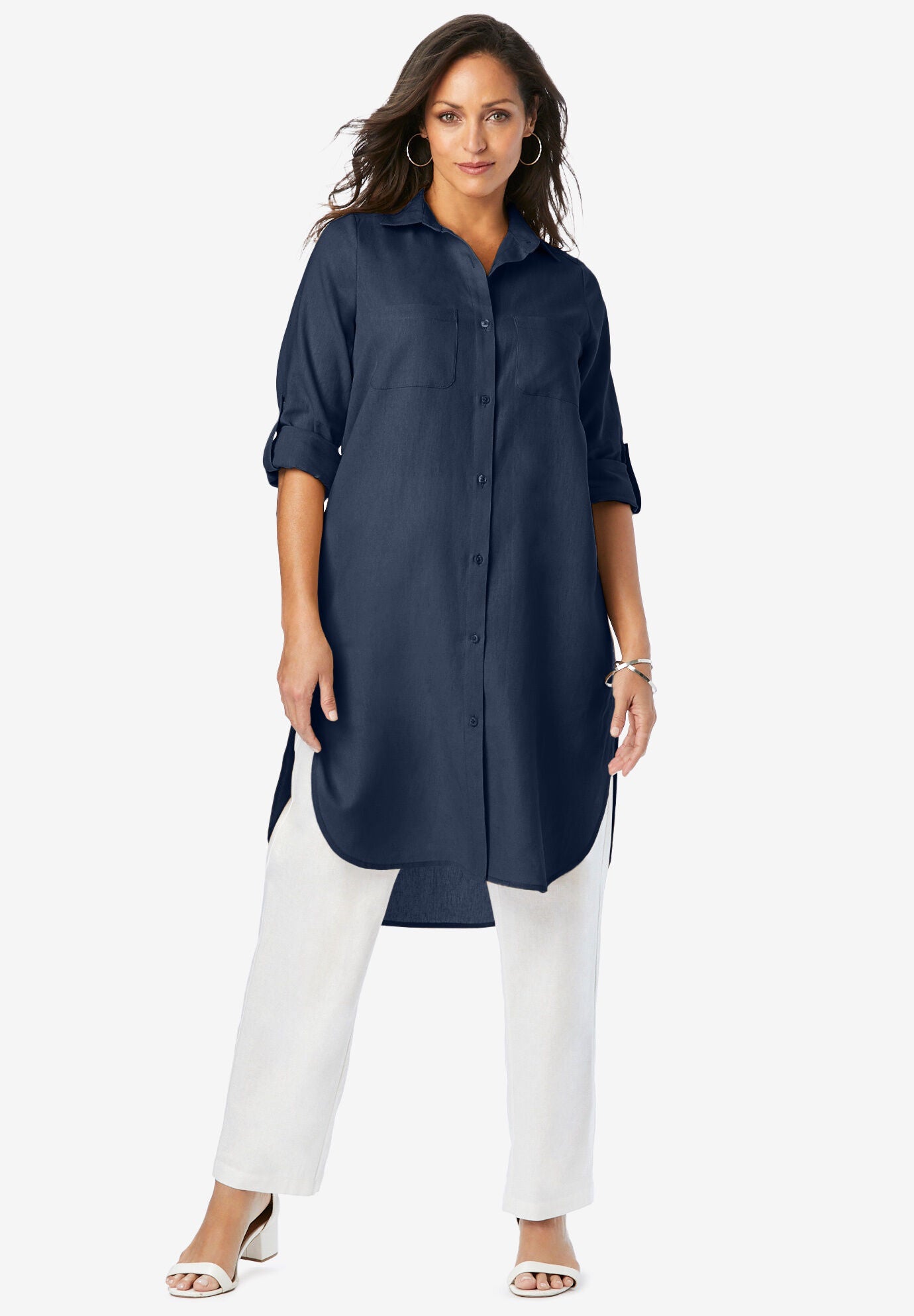 Linen Mega Tunic with Roll-Tab Sleeves, Navy | Catherines