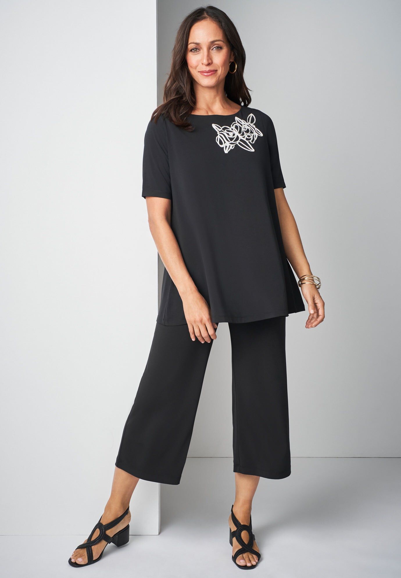 Stretch Knit Boatneck Swing Tunic - Elbow Sleeves, Camel Mixed Animal ...