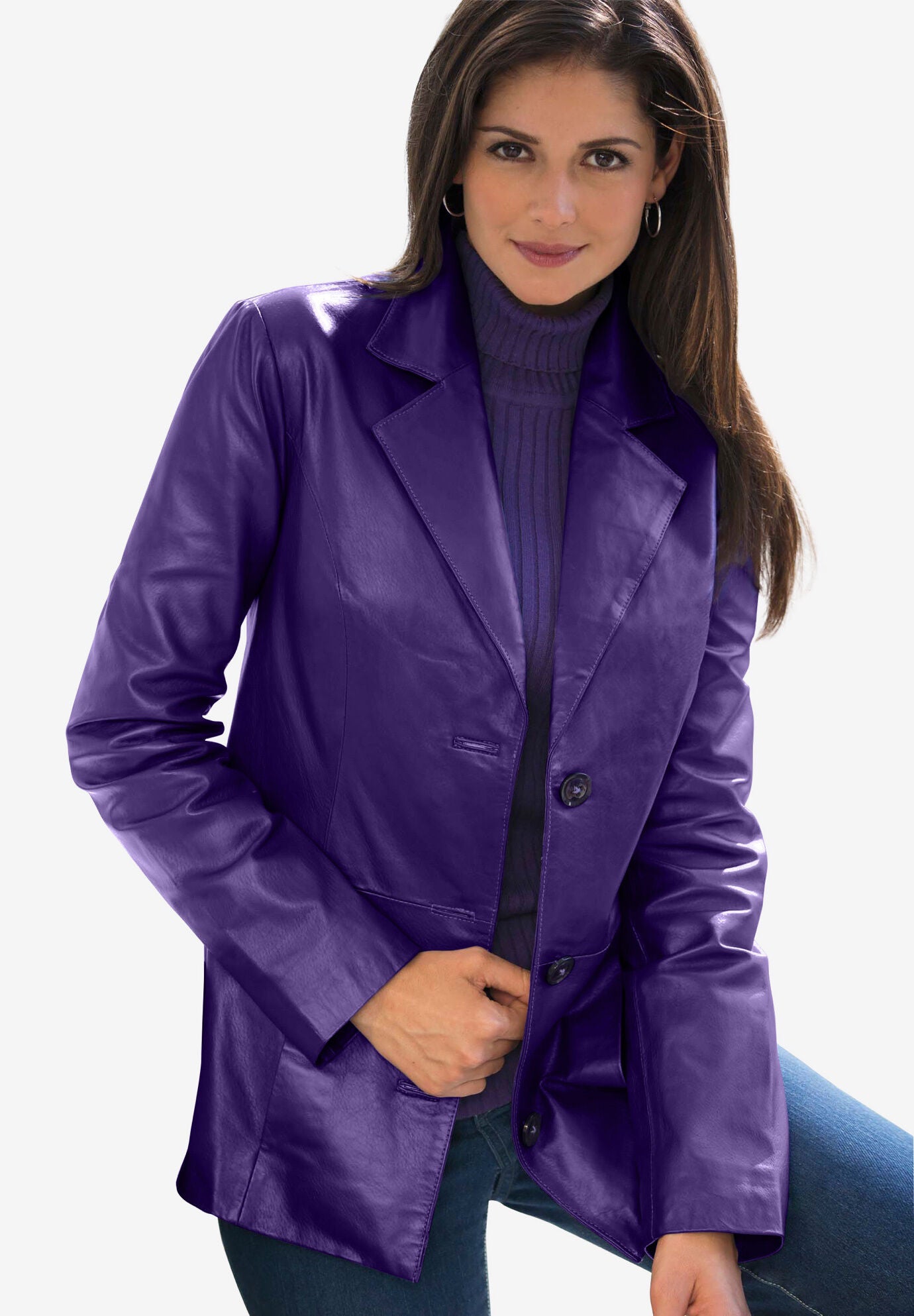 Genuine Leather Blazer - Tailored Button-Front, Midnight Violet ...