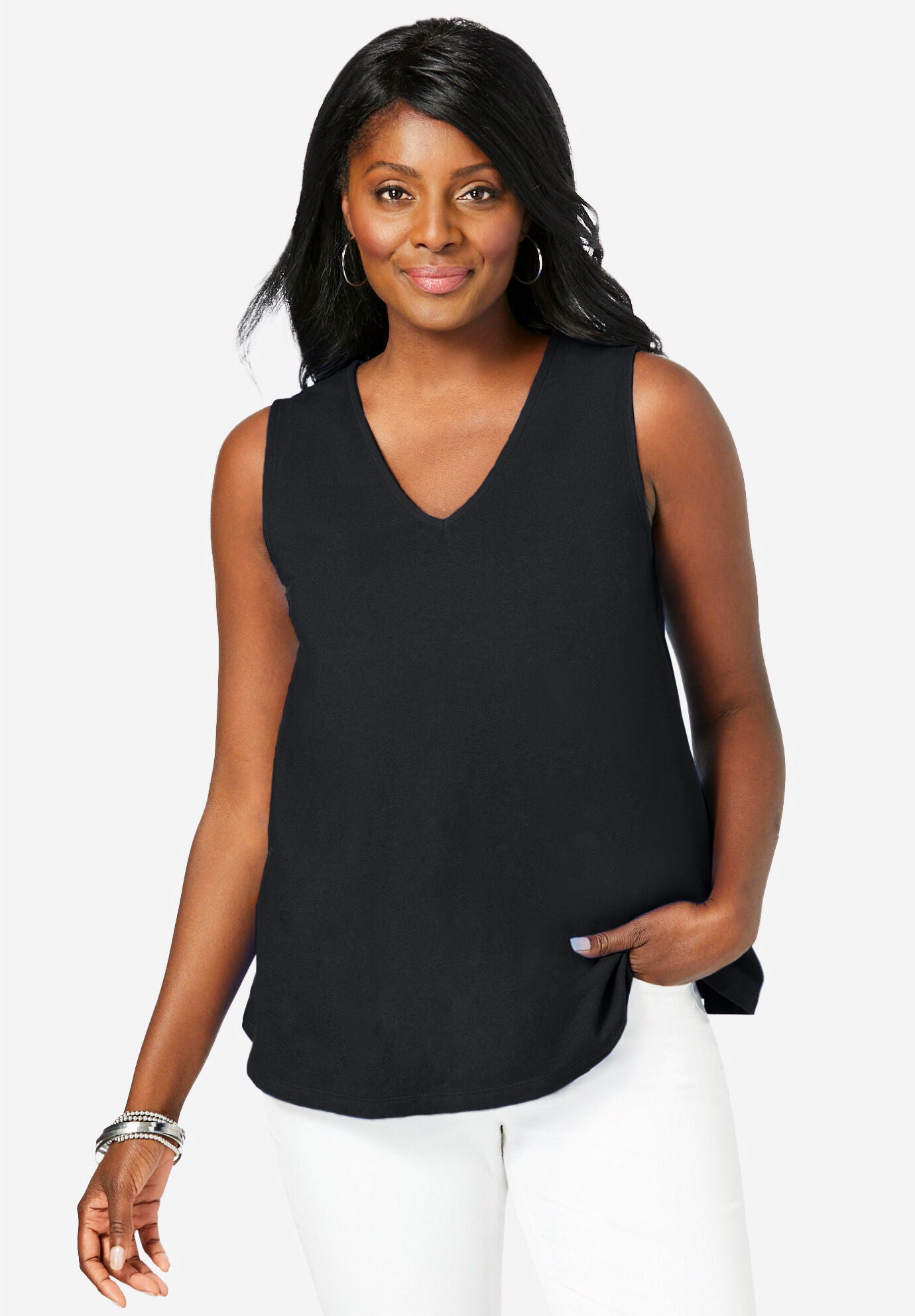 Stretch Cotton V-Neck Trapeze Tank Top, Black | Catherines