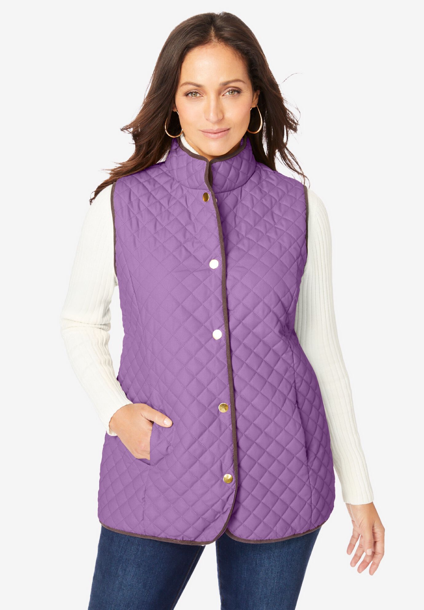 Quilted Vest with Corduroy Tipping Detail, Chocolate | Catherines