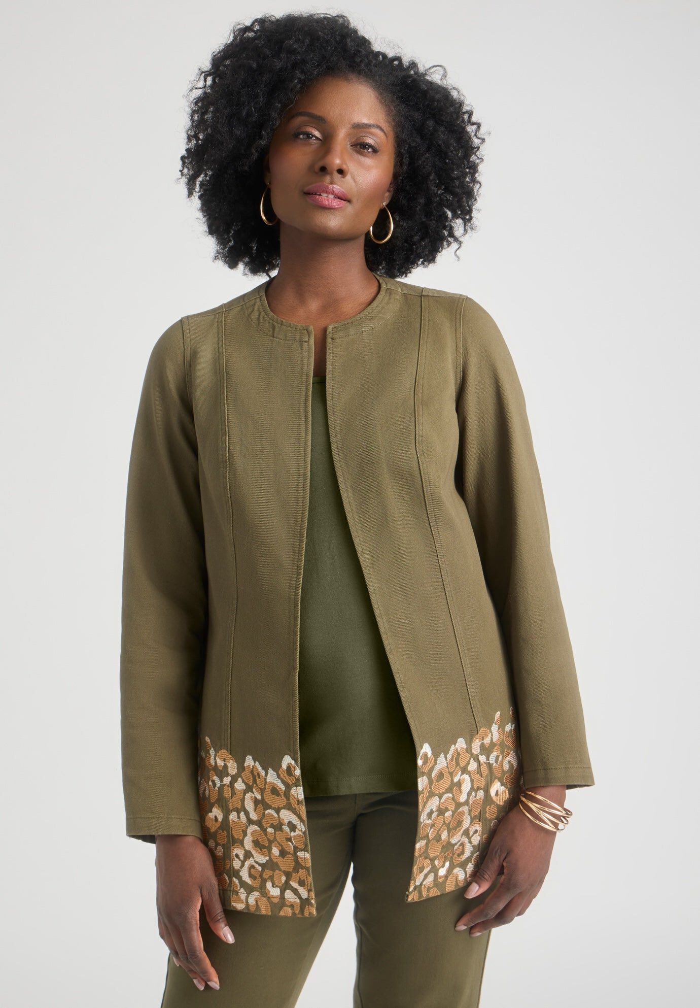 Embroidered Denim Topper with Pockets, Green Animal Embroidery | Catherines