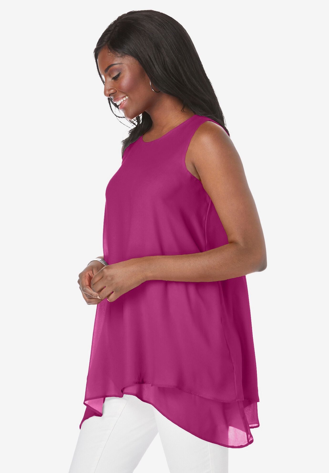 Flowing Crinkled Tunic with Pointed Sides, Raspberry | Catherines