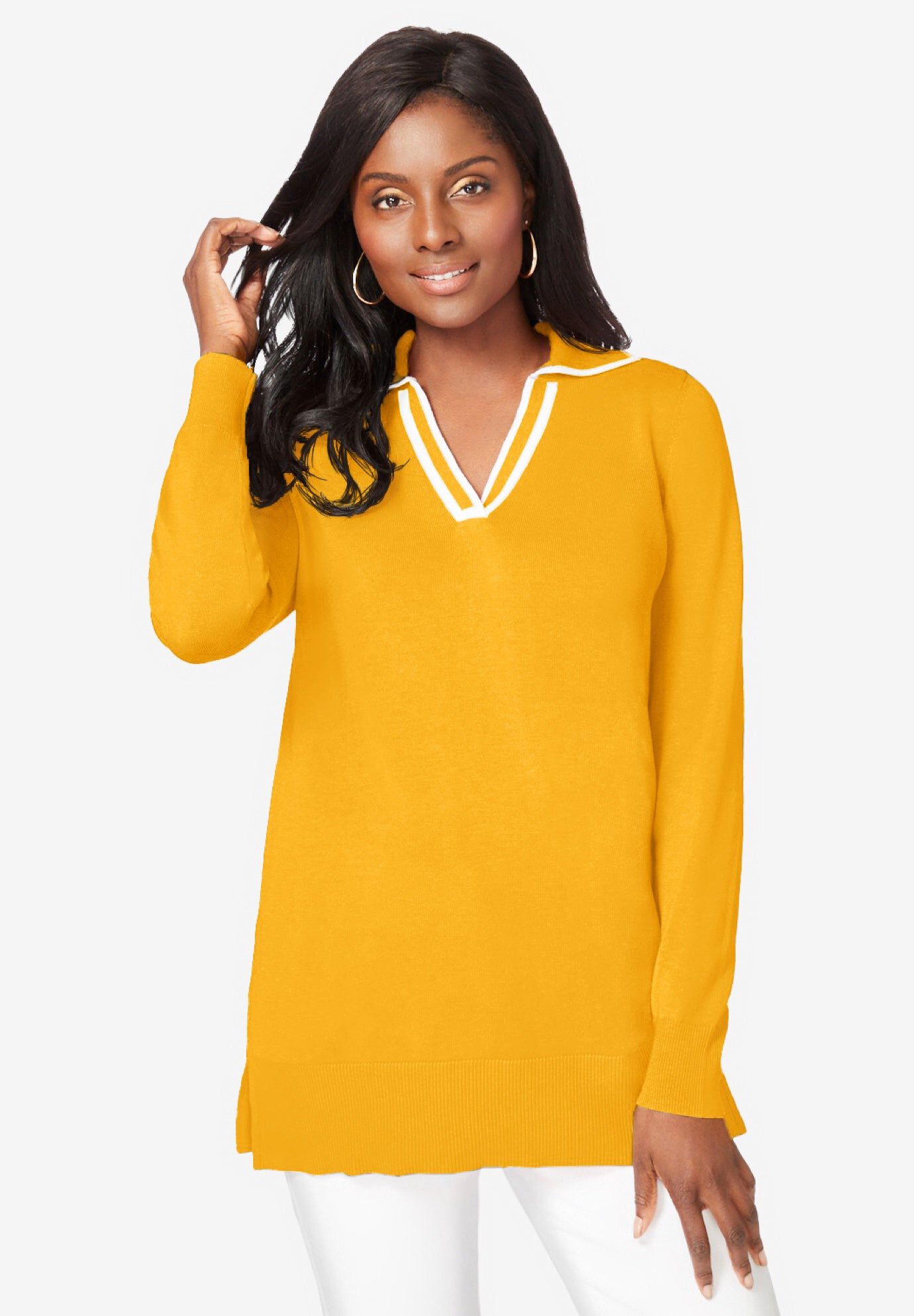 Fine Gauge Tipped Collar Sweater for Women, Sunset Yellow White ...