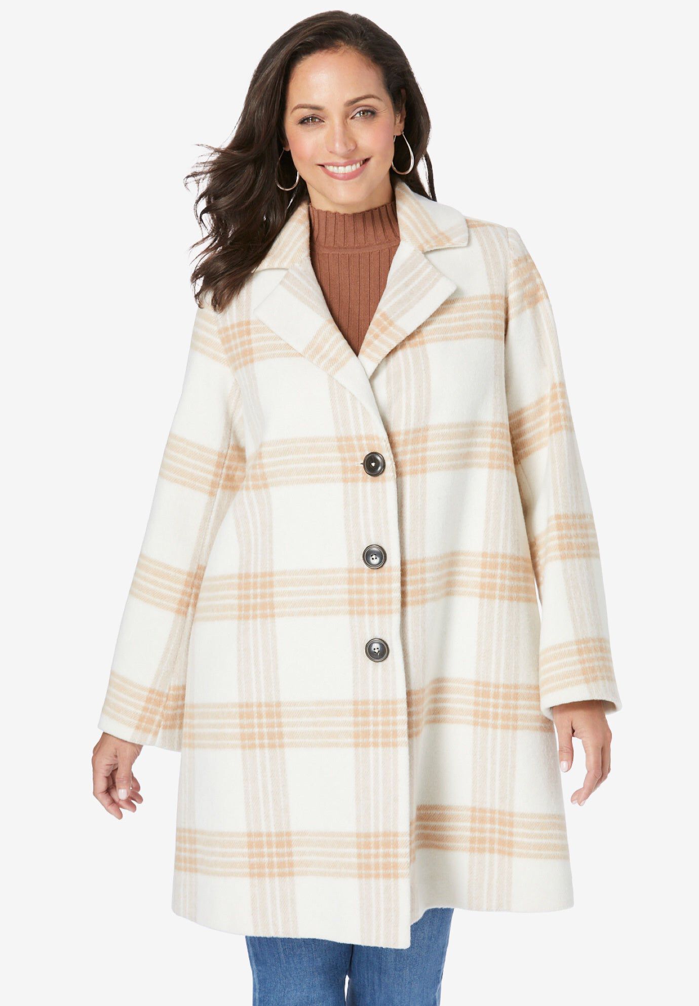 Warm Wool Swing Coat - Trapeze Silhouette, Ivory Dashed Plaid | Catherines