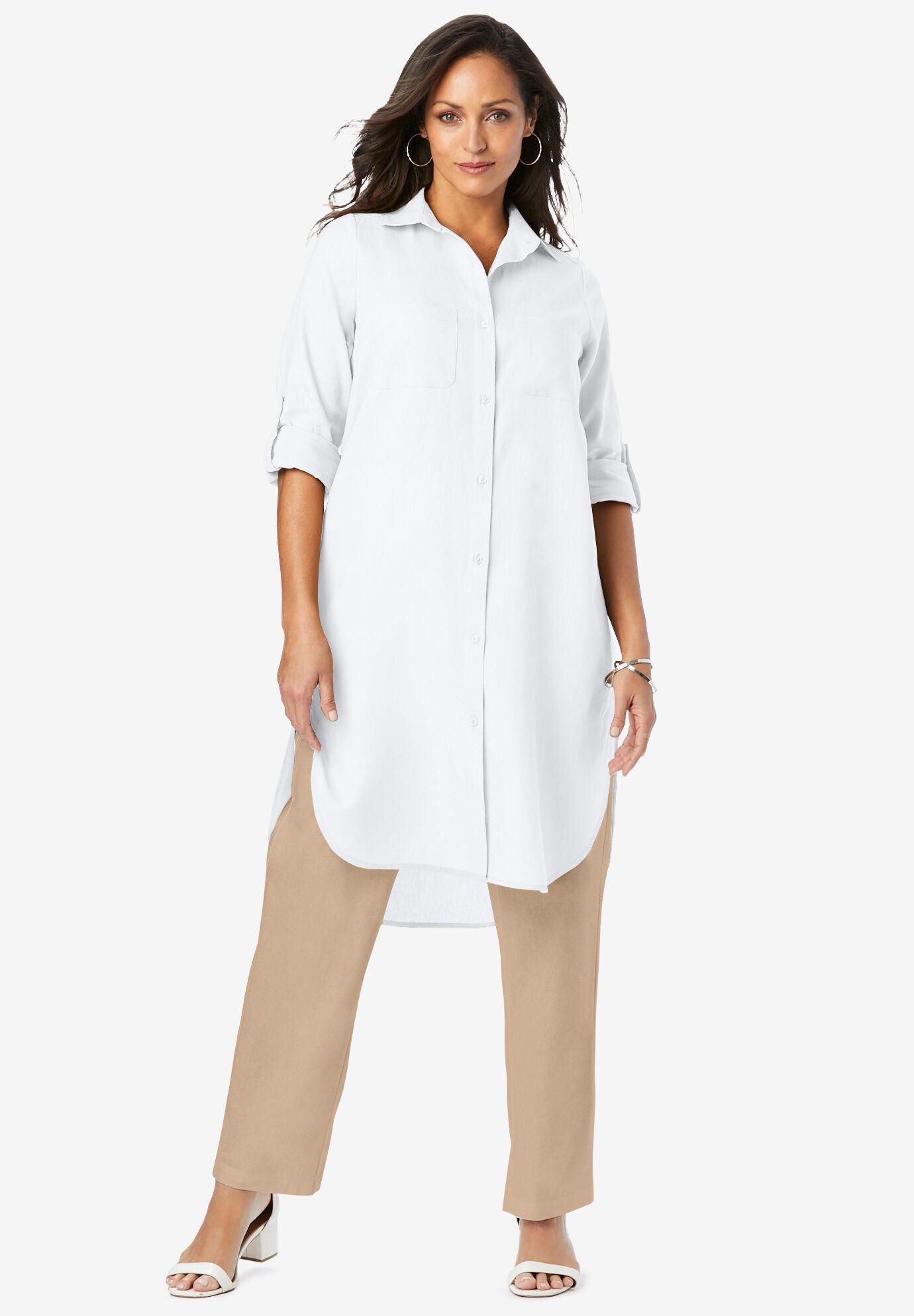 Linen Mega Tunic with Roll-Tab Sleeves, White | Catherines