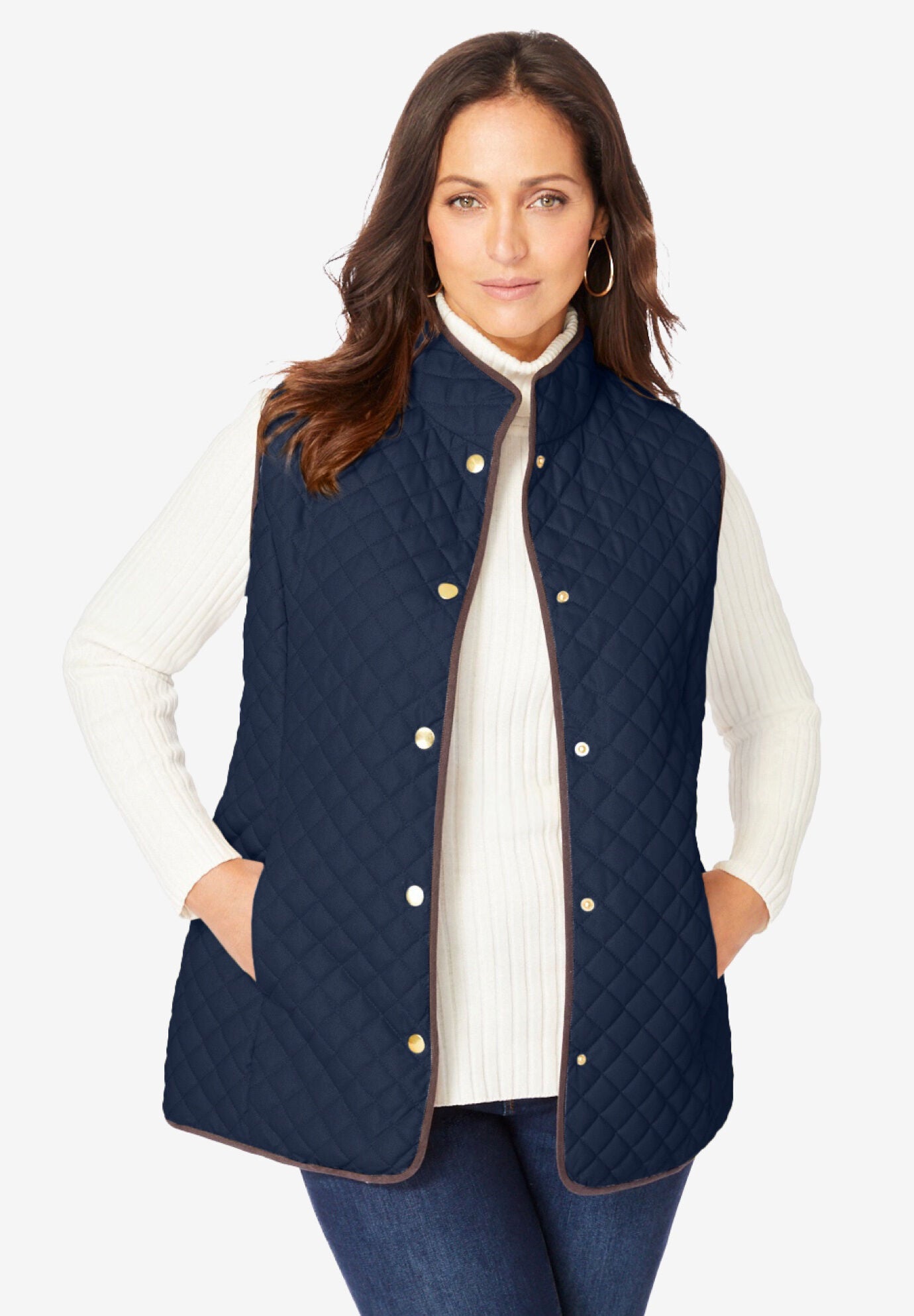Quilted Vest with Corduroy Tipping Detail, Dark Olive Green | Catherines