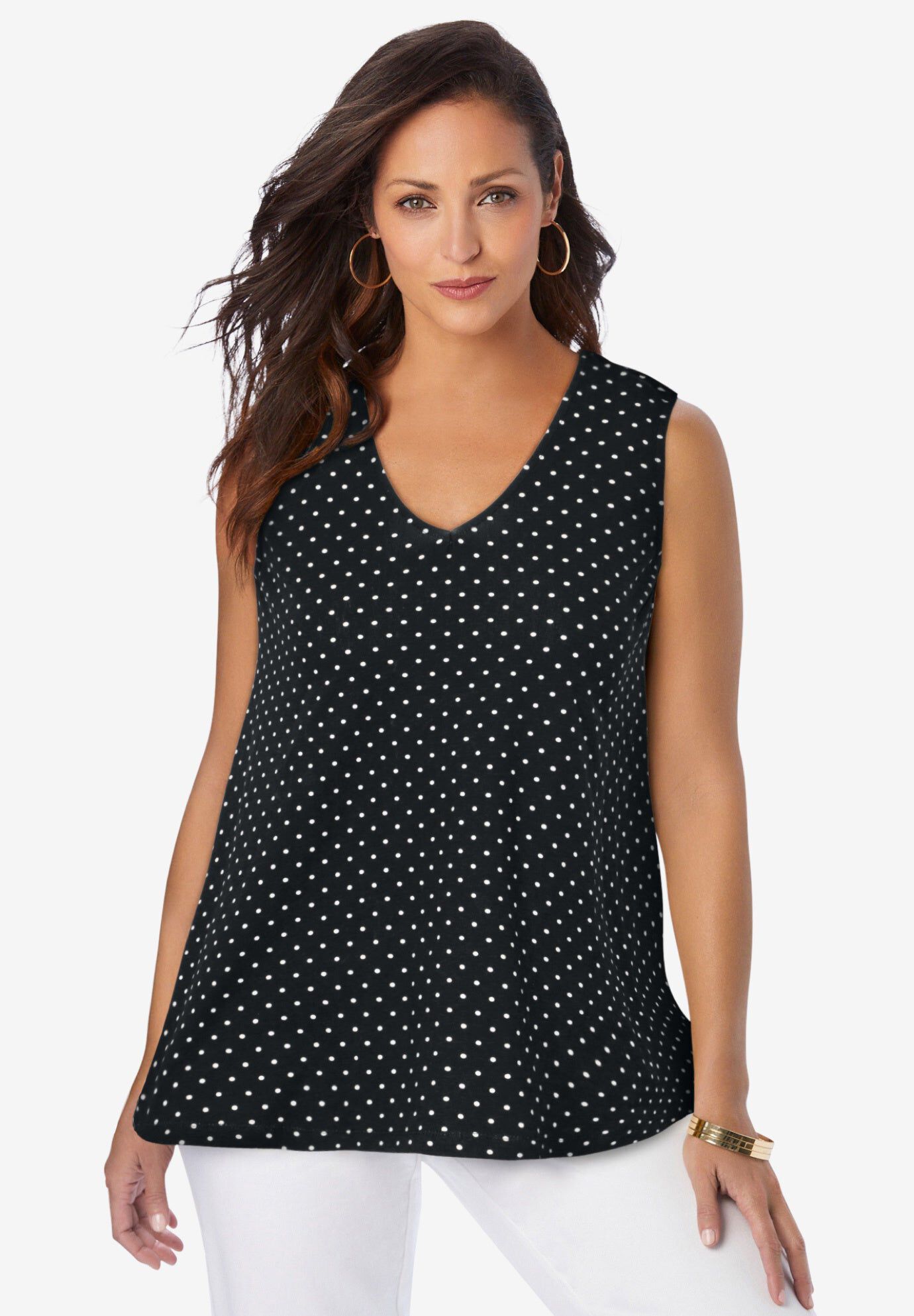 Stretch Cotton V-Neck Trapeze Tank Top, New Khaki Ivory Dot | Catherines