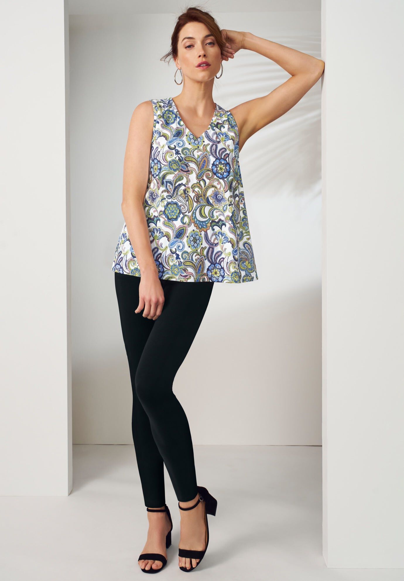 Stretch Cotton V-Neck Trapeze Tank Top, White Multi Paisley | Catherines