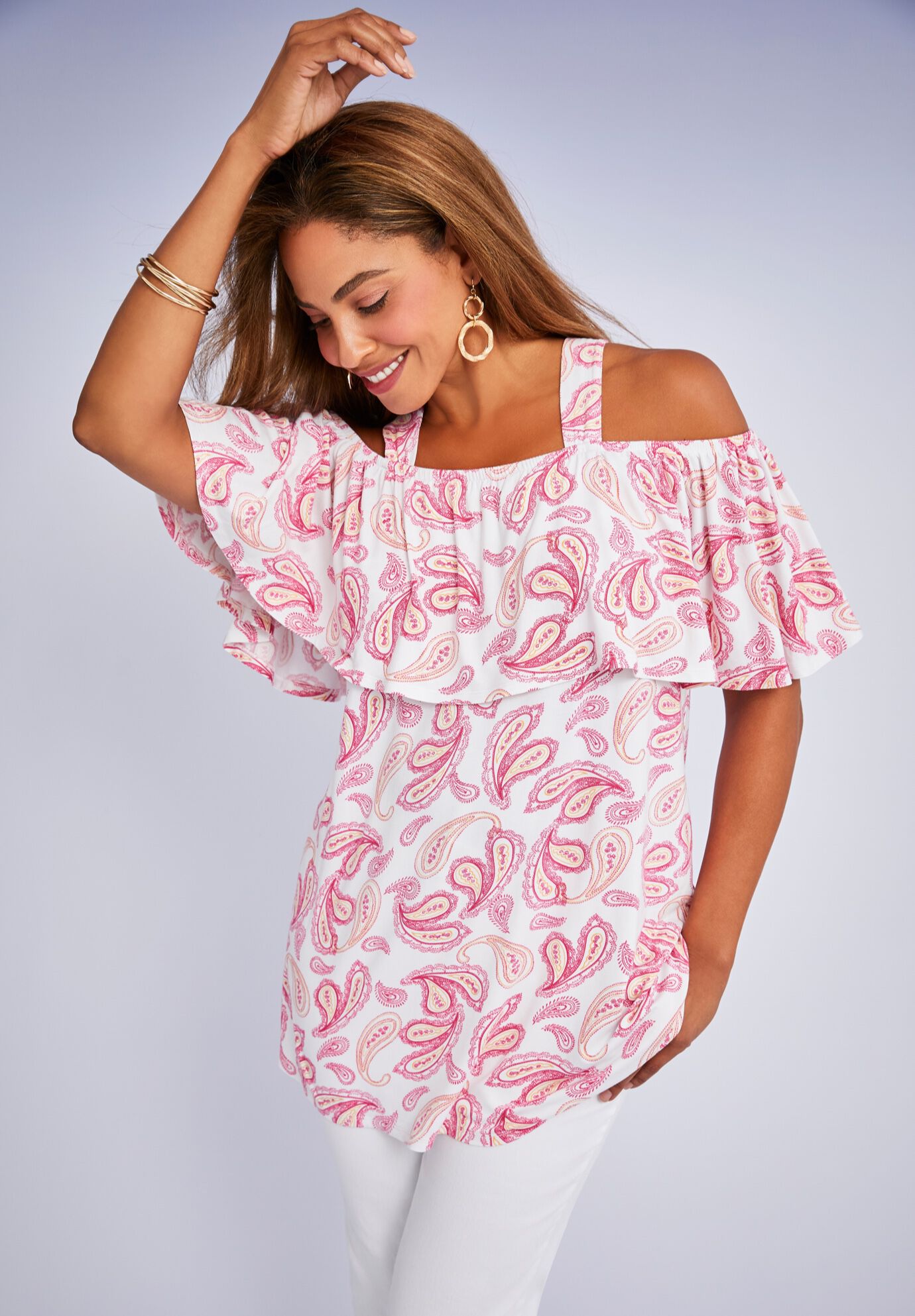 Knit Cold Shoulder Ruffle Tunic for Chic Warm Weather, Raspberry ...