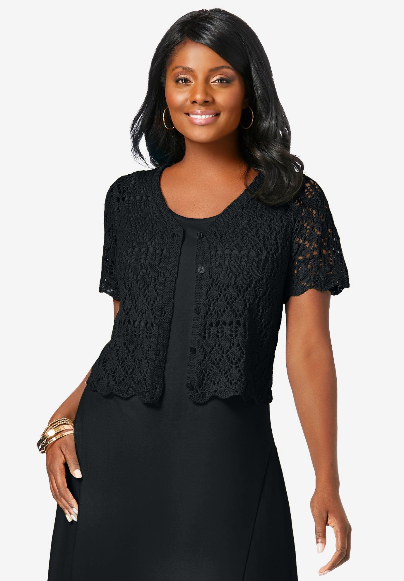 Elegant Crochet Shrug with Button Front, Black | Catherines