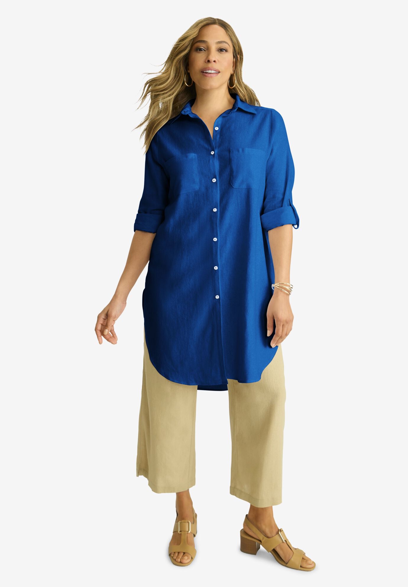 Linen Mega Tunic with Roll-Tab Sleeves, Dark Sapphire | Catherines
