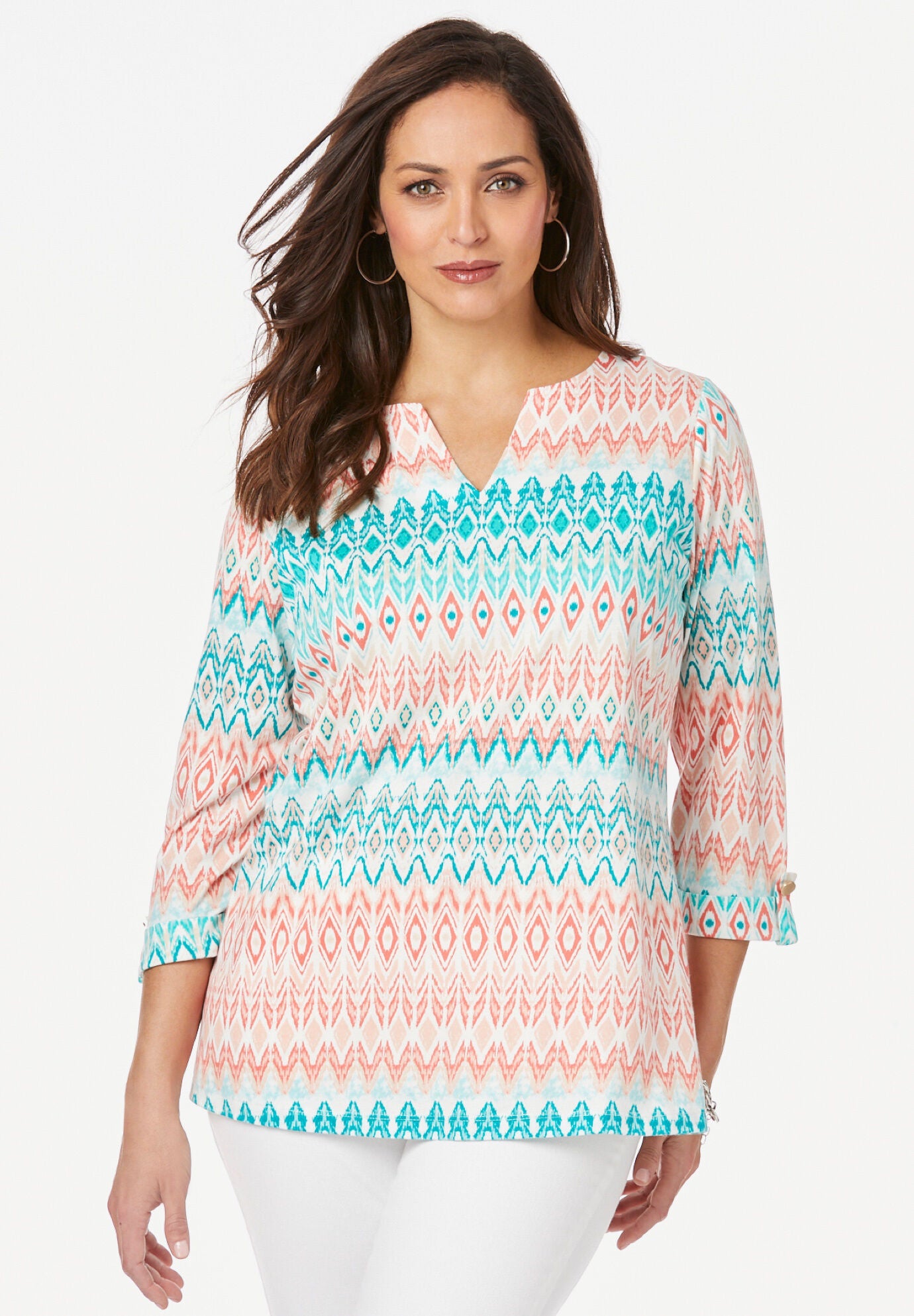 Notch Neck Tunic with Roll-Tab Sleeves, 4447219 | Catherines